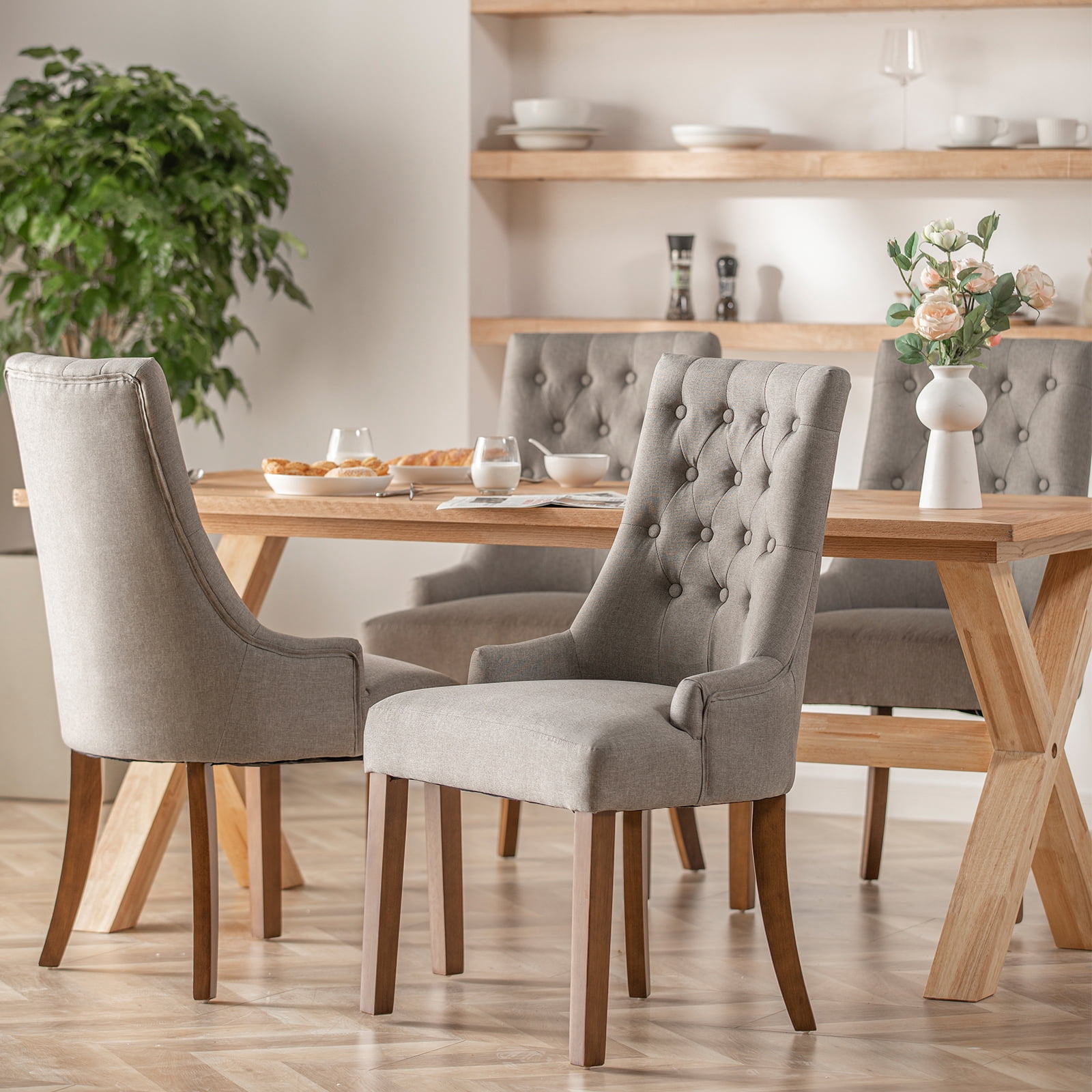 Colamy Button Tufted Upholstered Fabric Dining Chairs with Wood Legs for Living Room Kitchen set of 2 Grey