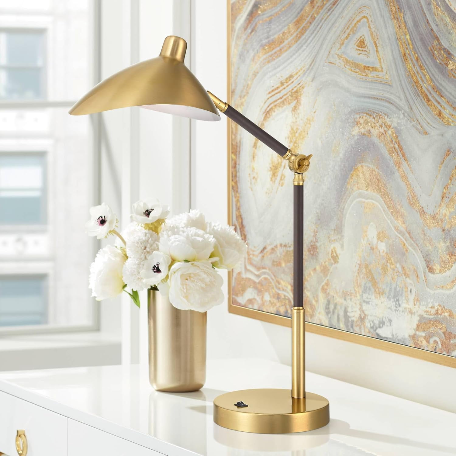 Colborne 28" Tall Mid Century Modern Desk Lamp USB Port Gold Brown ...