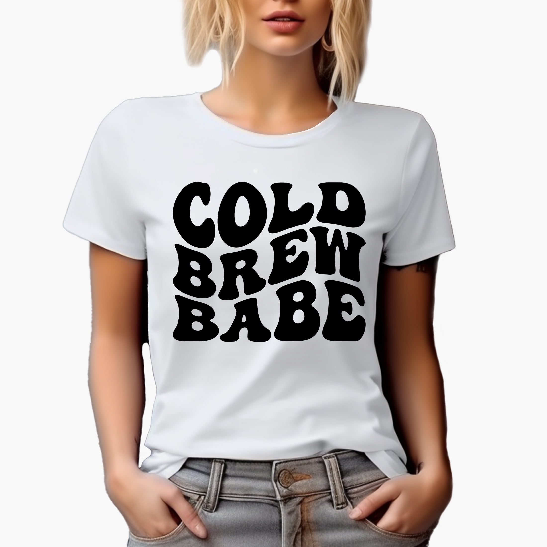Cold Brew Babe, Coffee Lover or Enthusiast Themed, Groovy Retro Wavy Text Merch Gift, White T ...