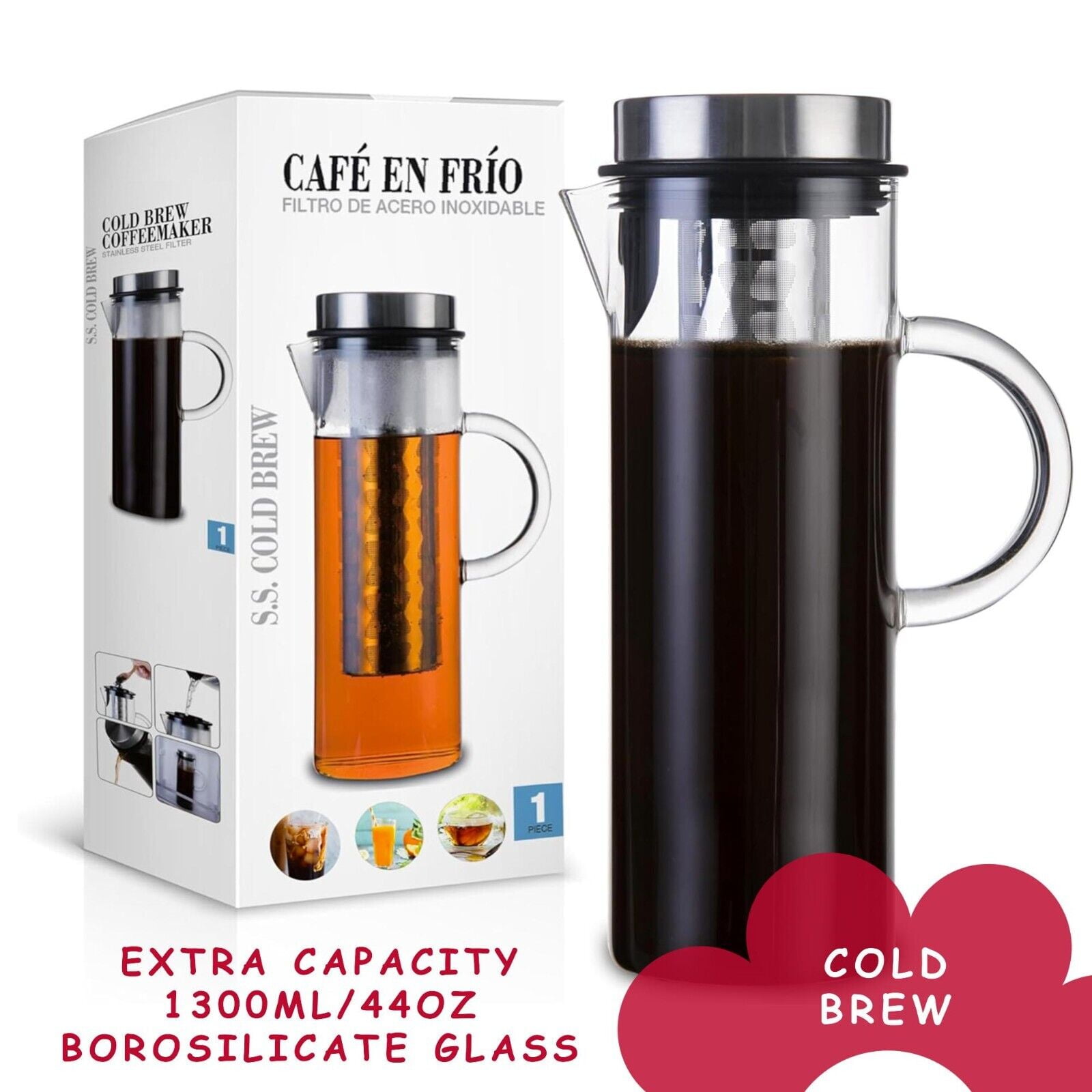 Cold Brew Coffee Brewer and Large Tea Maker Glass Kettle 44oz w ...
