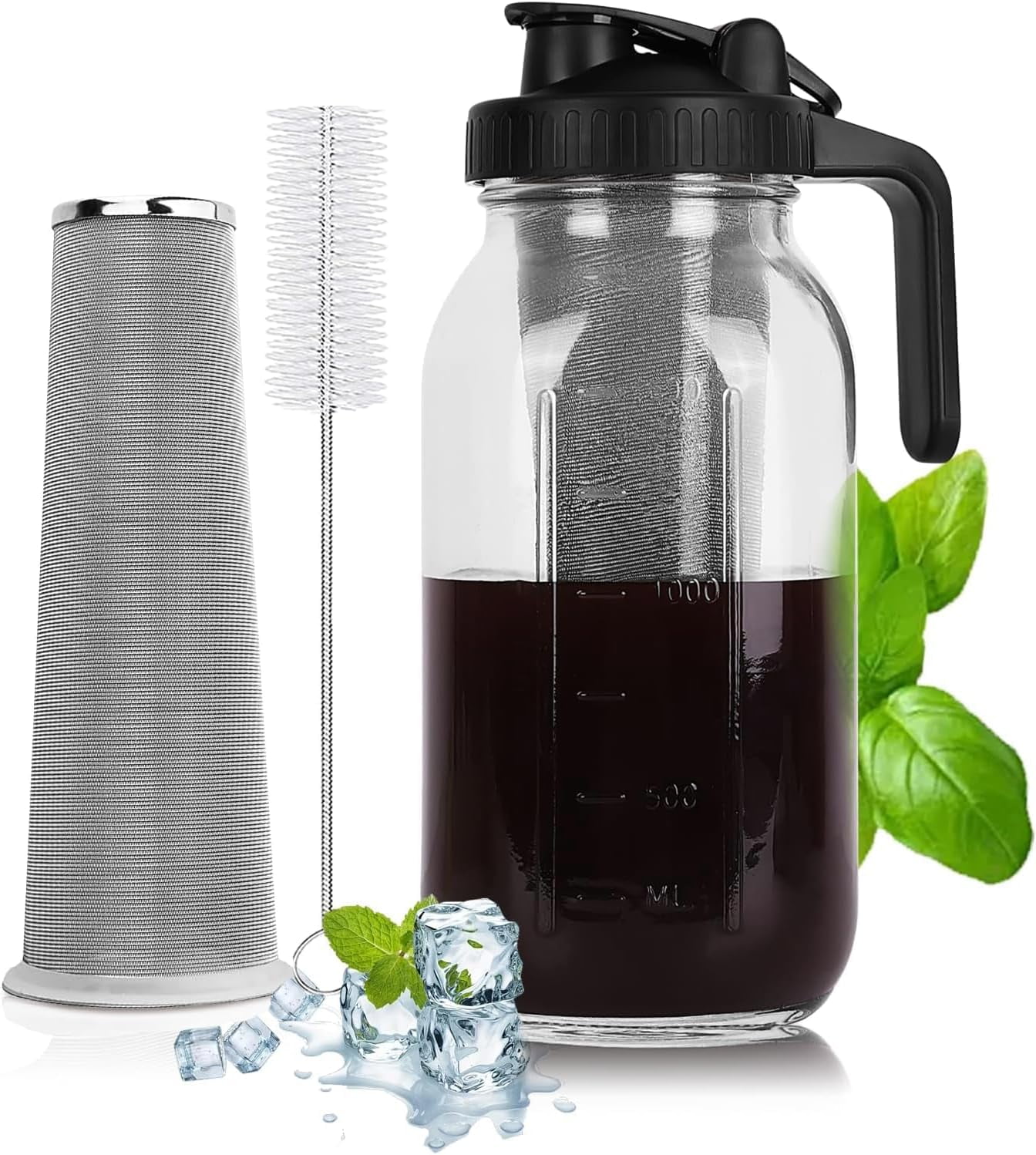 Cold Brew Coffee Maker - 64 Oz Heavy-Duty Glass Mason Jar Pitcher with ...