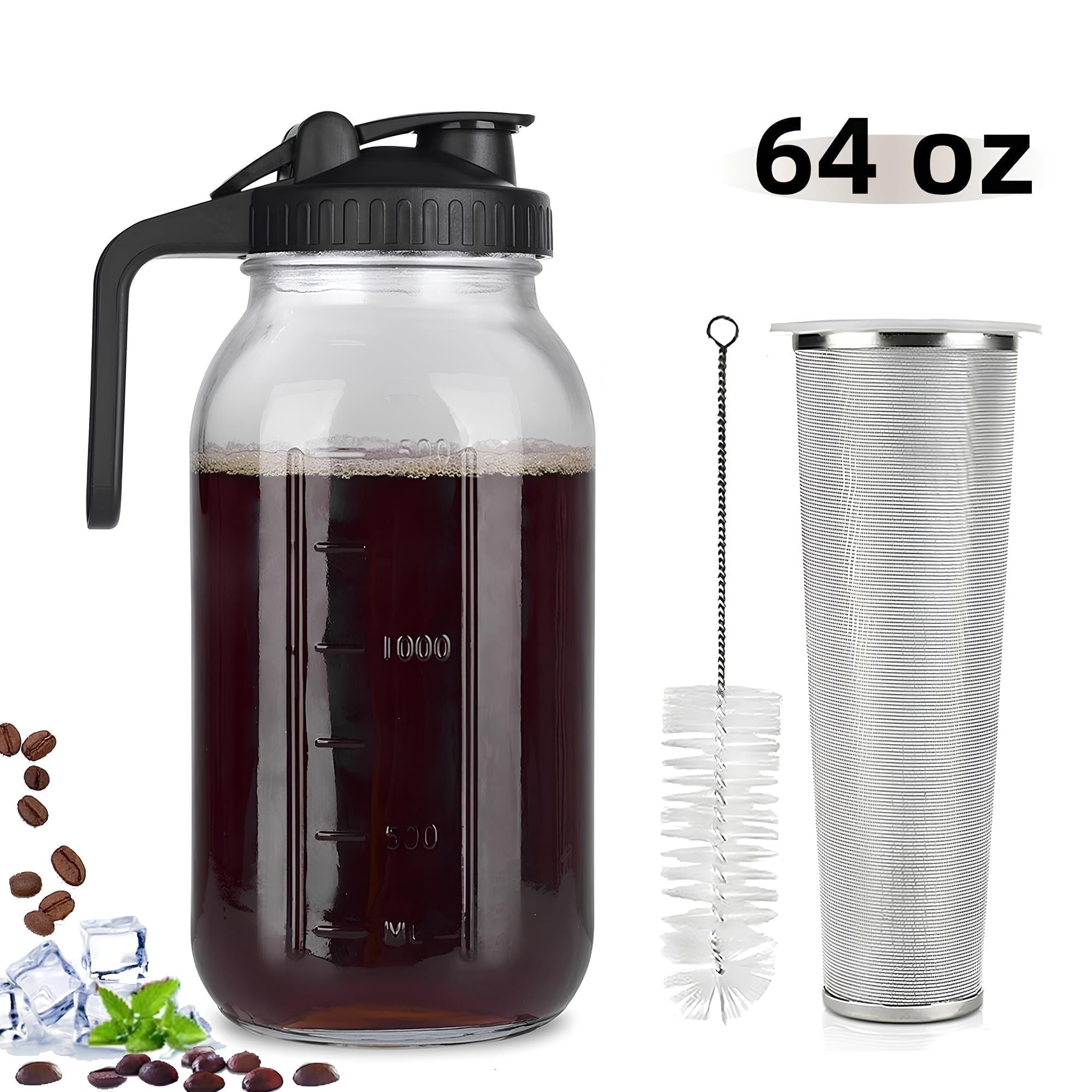 Cold Brew Coffee Maker, 64 Oz Wide Mouth Jar Pitcher with Stainless ...