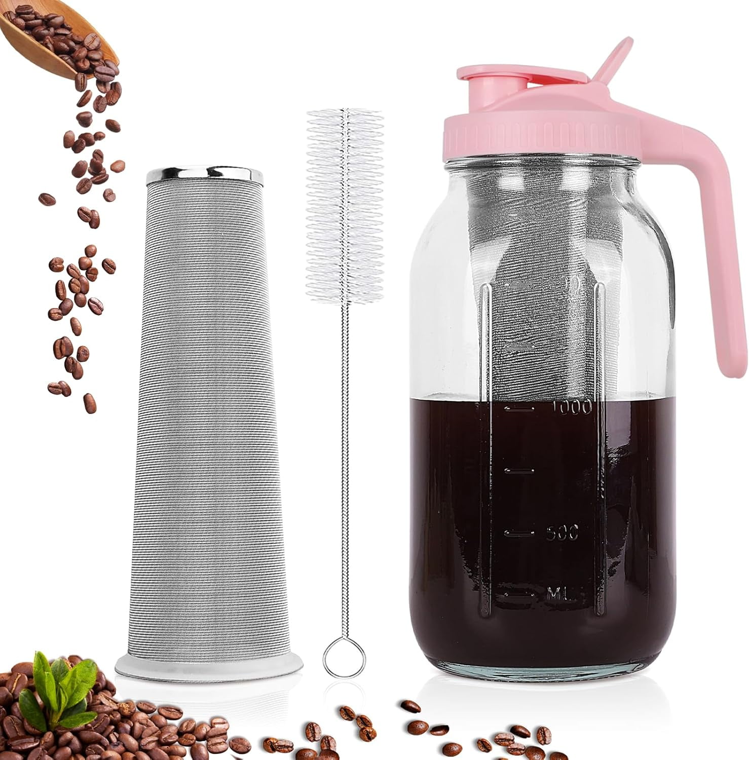 Cold Brew Coffee Maker,64 oz Mason Jar Pitcher with Stainless Steel ...