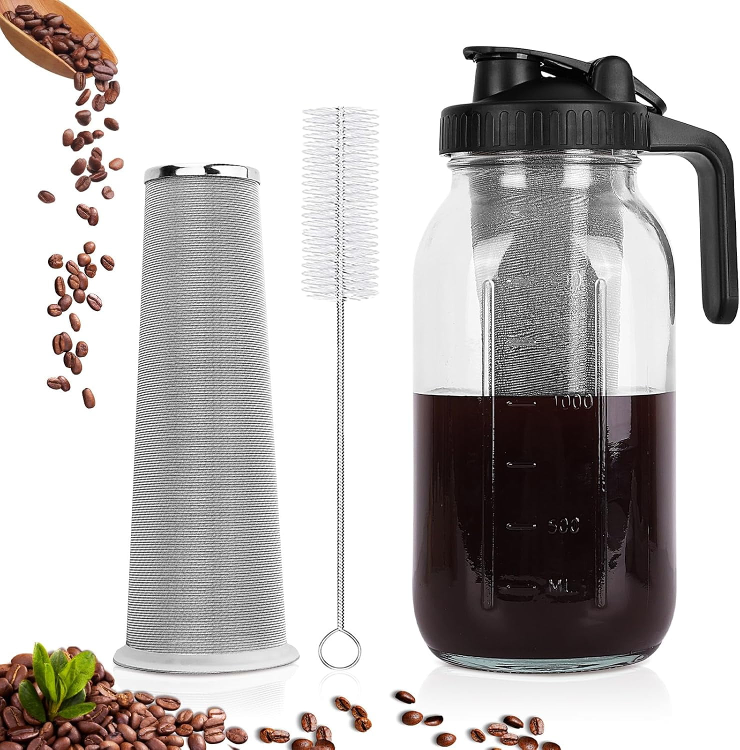 Cold Brew Coffee Maker,64 oz Mason Jar Pitcher with Stainless Steel ...