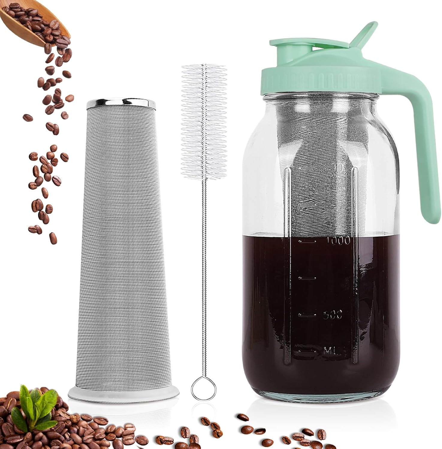 Cold Brew Coffee Maker,64 oz Mason Jar Pitcher with Stainless Steel ...