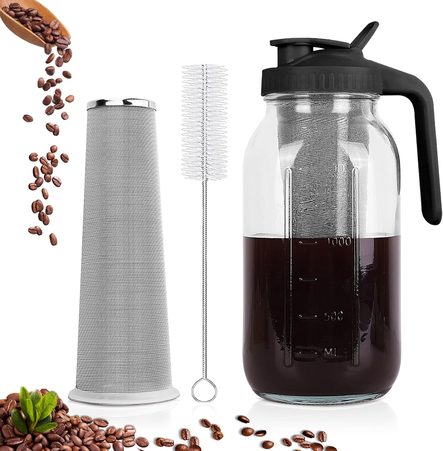 Cold Brew Coffee Maker,64 oz Mason Jar Pitcher with Stainless Steel ...