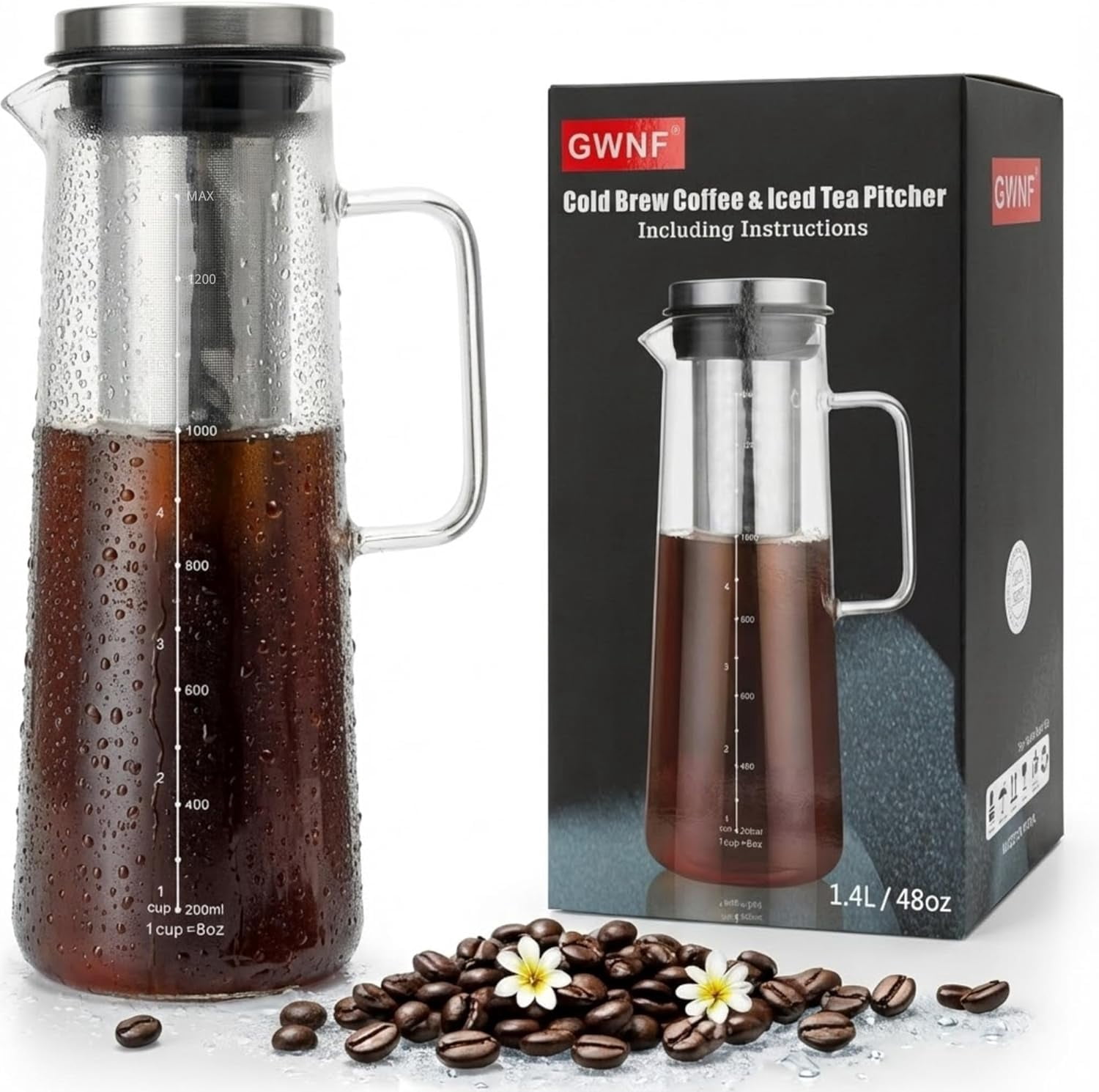 Cold Brew Coffee Maker & Ice Tea Maker, 1.4L/48oz Pither, Borosilicate ...