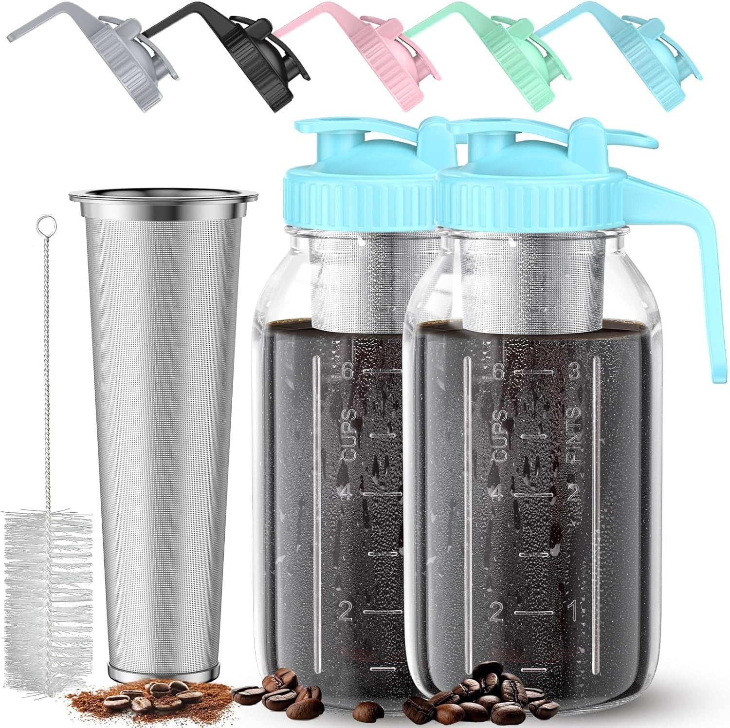 Cold Brew Coffee Maker Jar - 2 Pack 64 Oz Glass Cold Brew Maker with ...