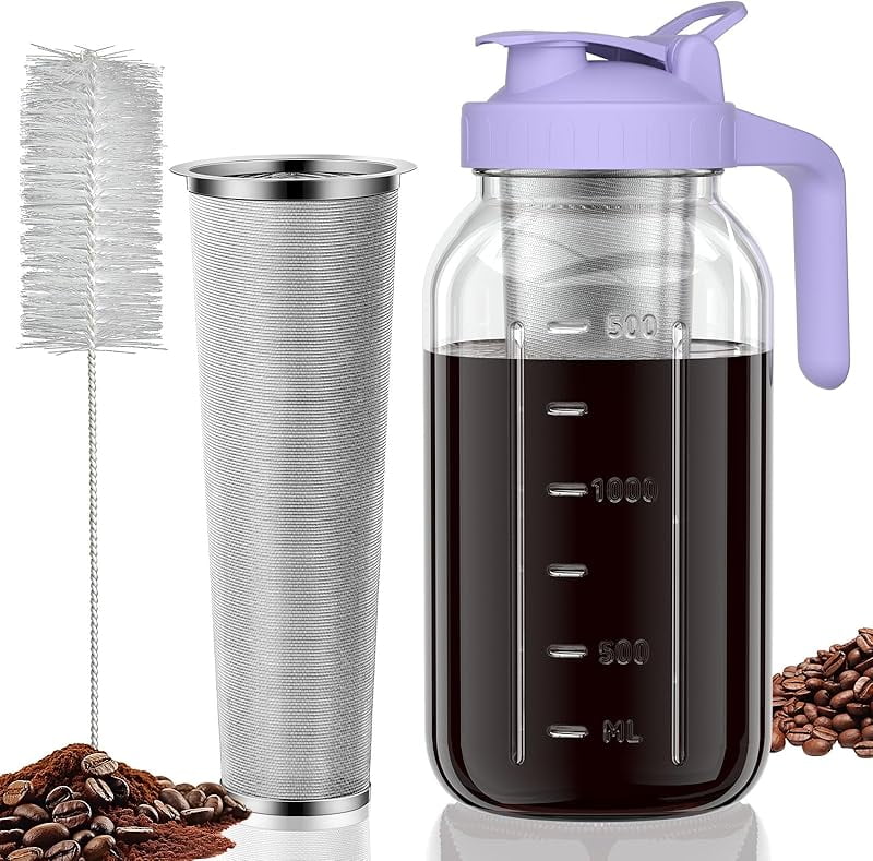 Cold Brew Coffee Maker Jar - 64oz Thick Glass Multipurpose Mason ...