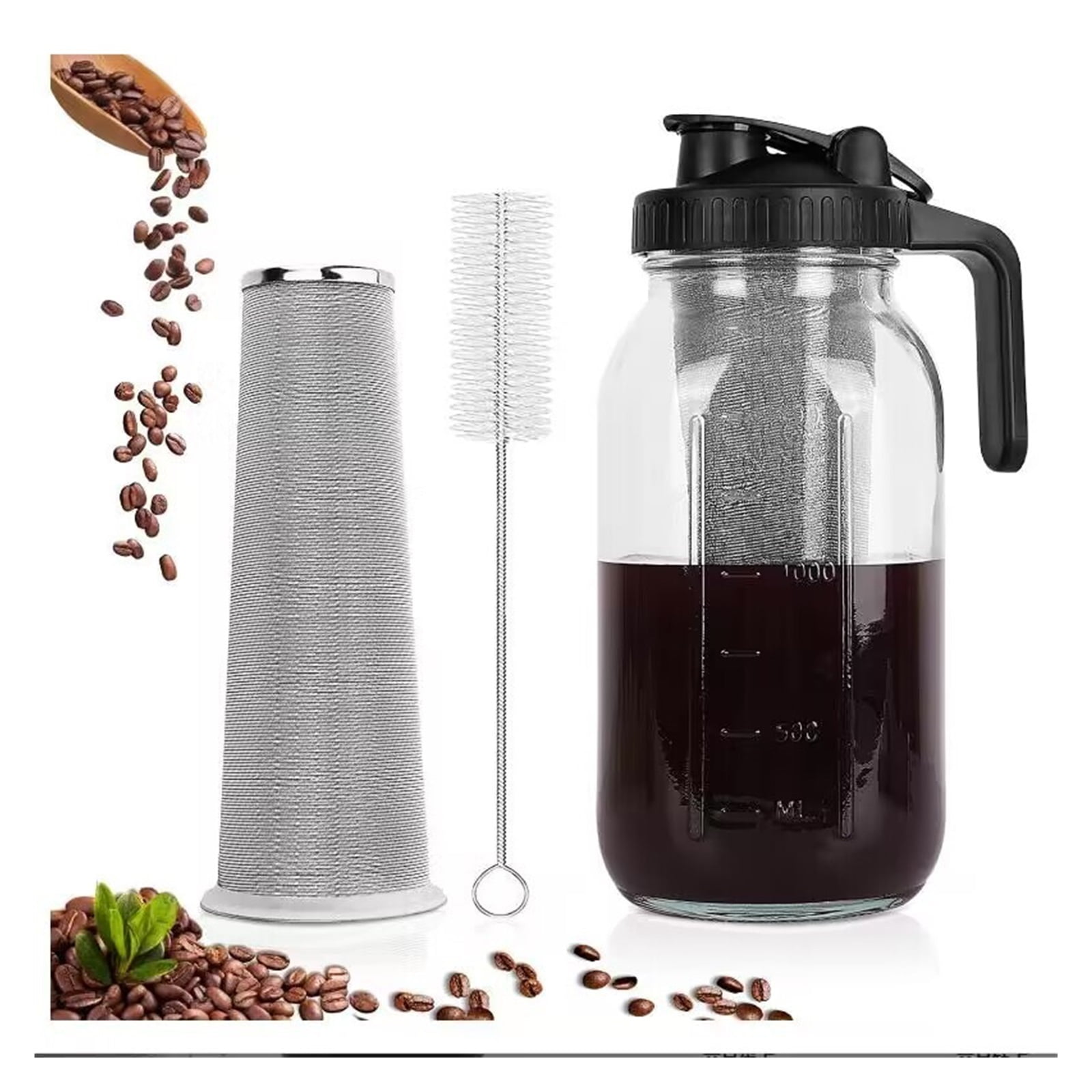 Cold Brew Coffee Maker Pitcher 64 OZ - Glass Mason Jar with Stainless ...