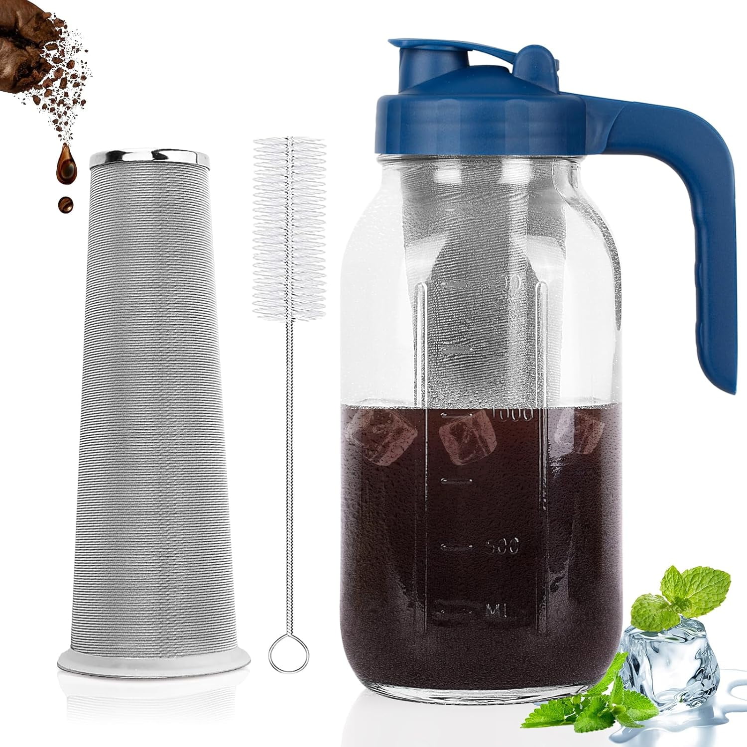 Cold Brew Coffee Maker Pitcher,64 Oz Heavy Duty Glass Mason Jar Pitcher ...