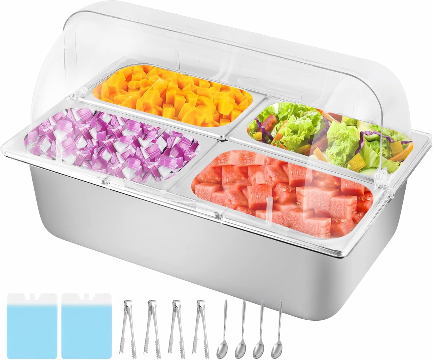 Cold Ice Food Serving Display Tray with 4 Pans, 2 Ice Packs, and Clear Lid - Cooled Condiment ...