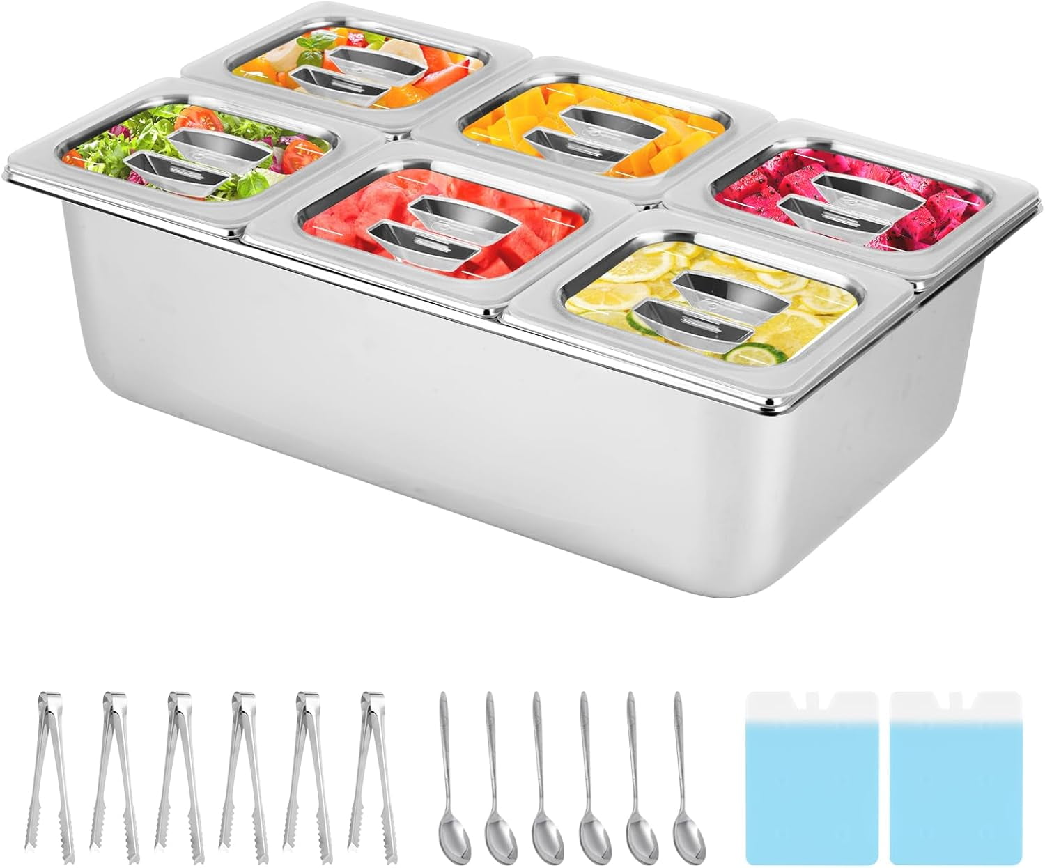 Cold Ice Food Serving Display tray 6 Pan 2 Ice Packs 6 Clear Lids ...