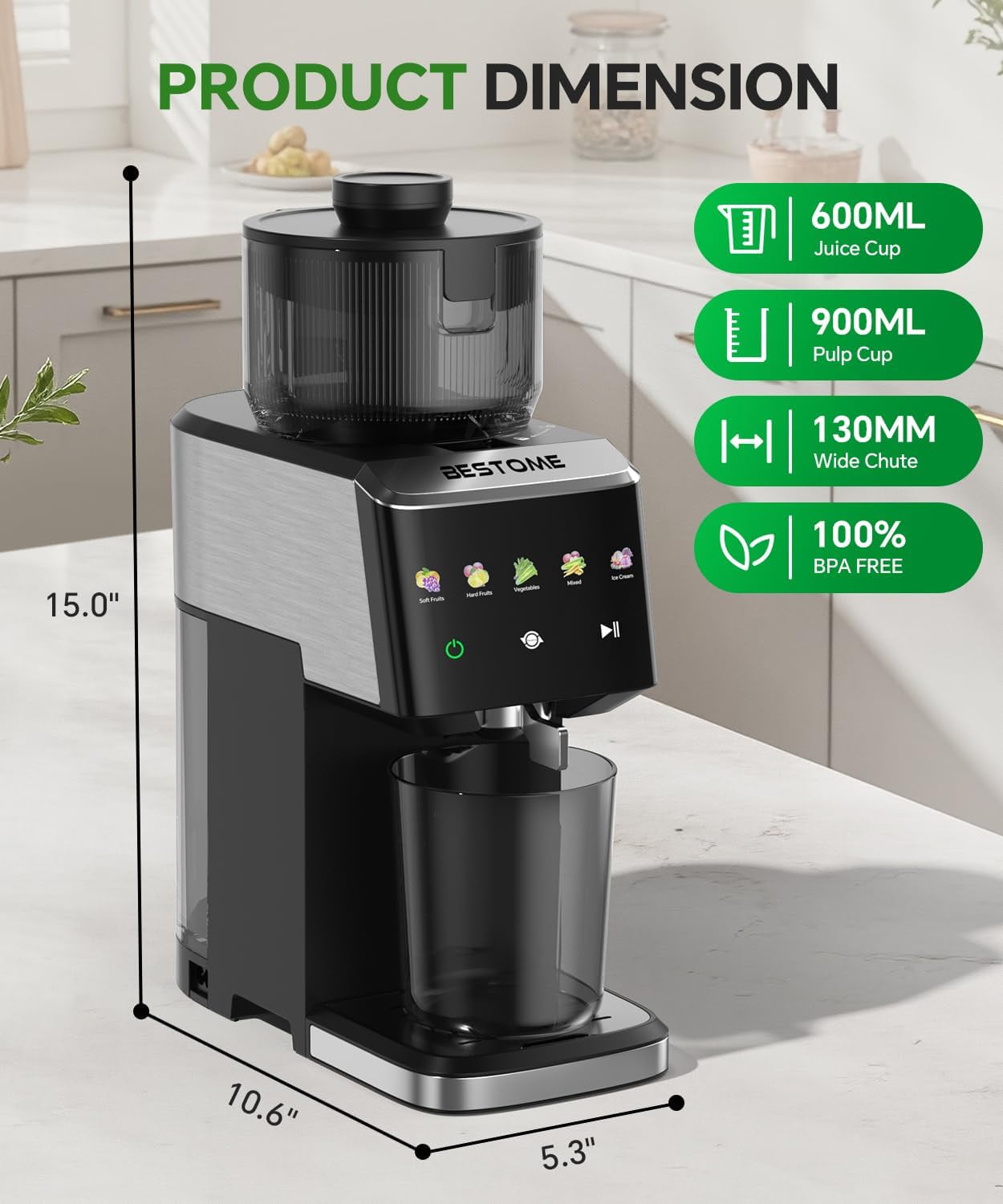 Cold Press Juicer, 5.12" Wide Feed Chute Juice Extractor Machine, Slow ...