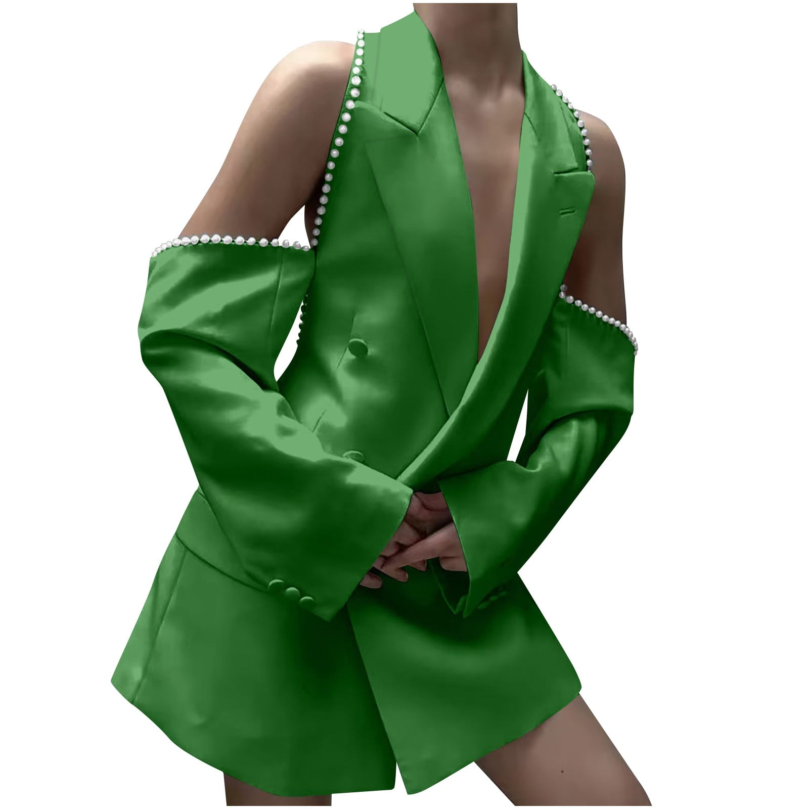 Cold Shoulder Blazer Dress for Women 2025 Pearl Decor Deep V Neck ...
