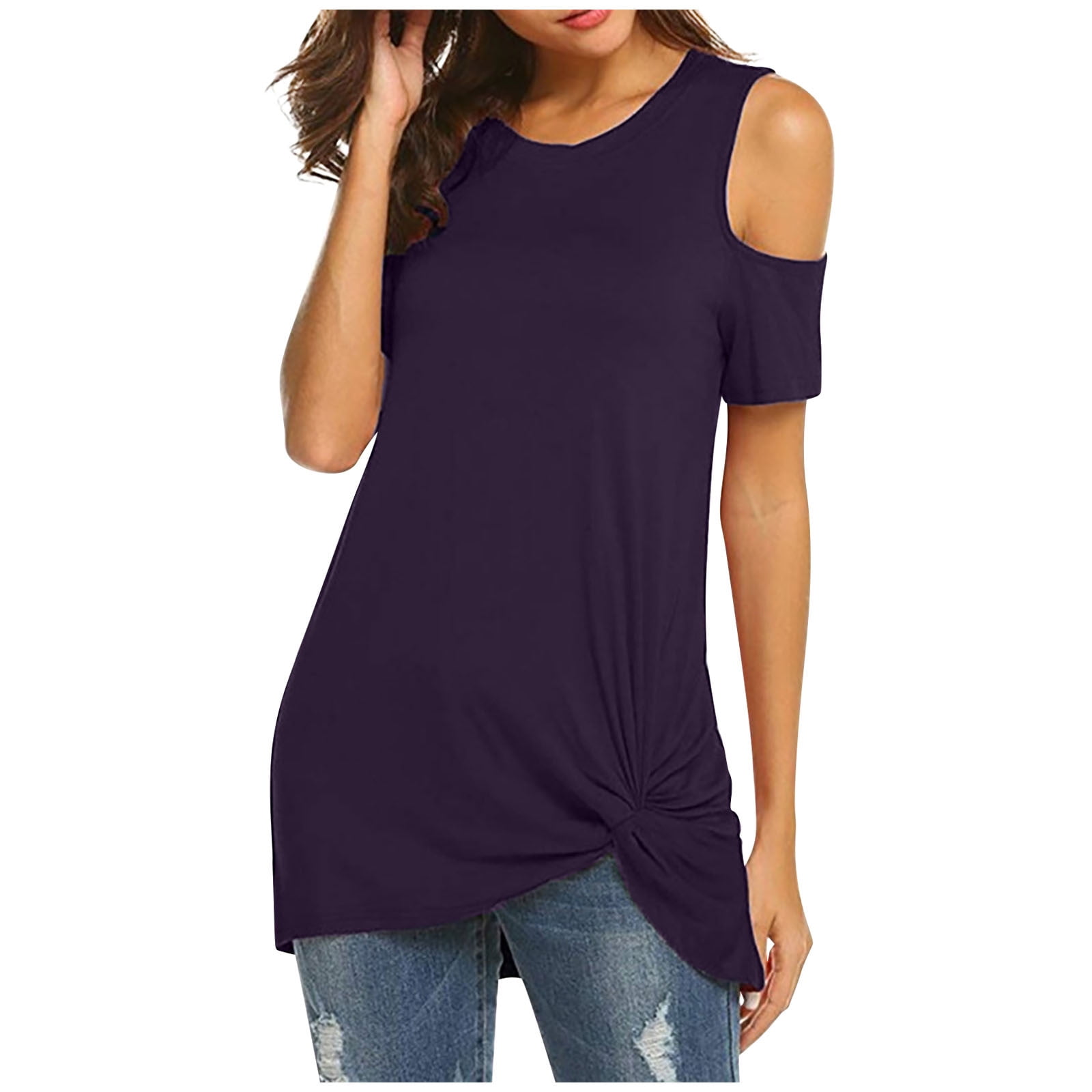 Cold Shoulder Blouse for Women Summer Short Sleeve Top Pleated Hem ...