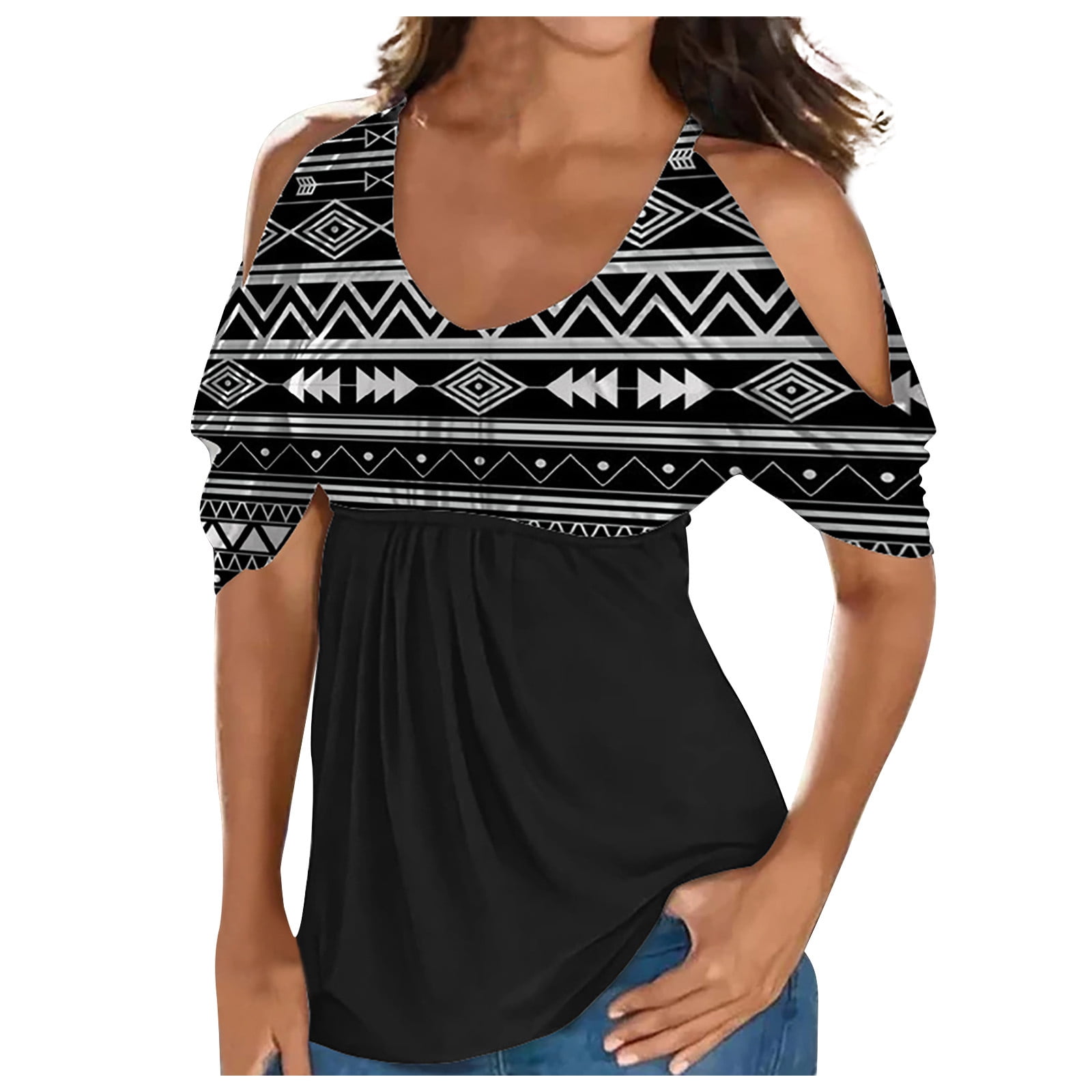 Cold Shoulder Tops for Women Floral Print Short Sleeve Shirts Dressy ...