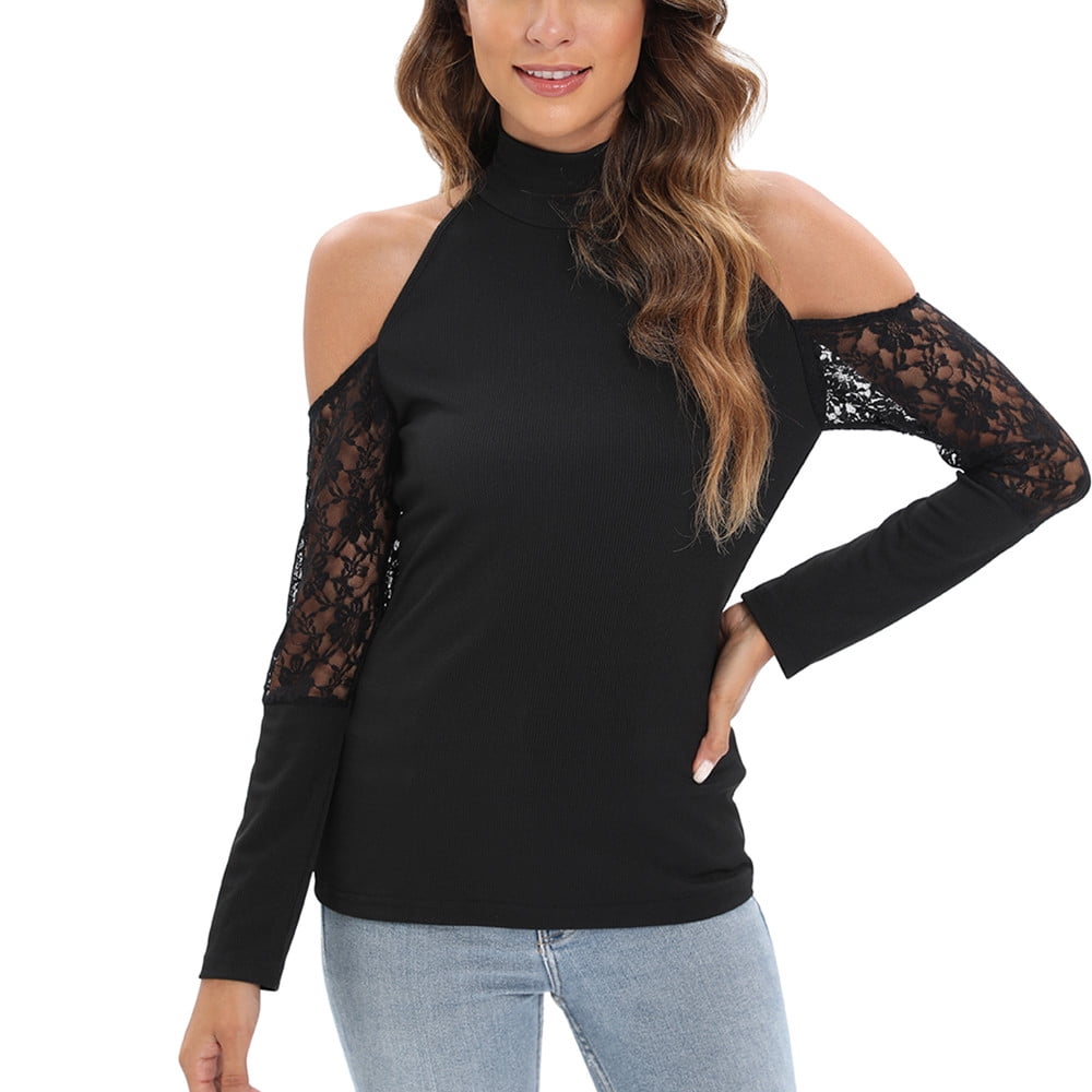 Cold Shoulder Tops for Women Long Sleeve Mock Turtle Neck Blouses ...