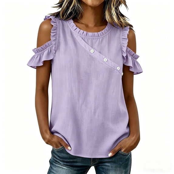 Cold Shoulder Tops for Women, Ruffle Round Neck Short Sleeve Button ...