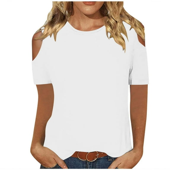 Cold Shoulder Tops for Women Short Sleeve Shirts Crewneck Loose Fitted ...