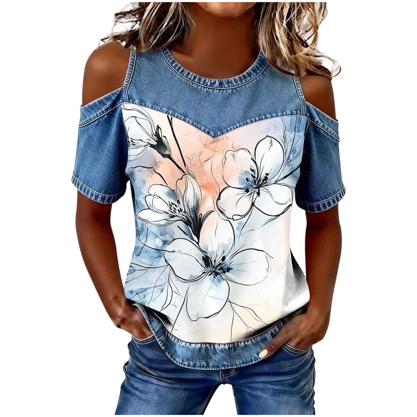 Cold Shoulder Tops for Women Summer 2026 Short Sleeve Crew Neck T ...