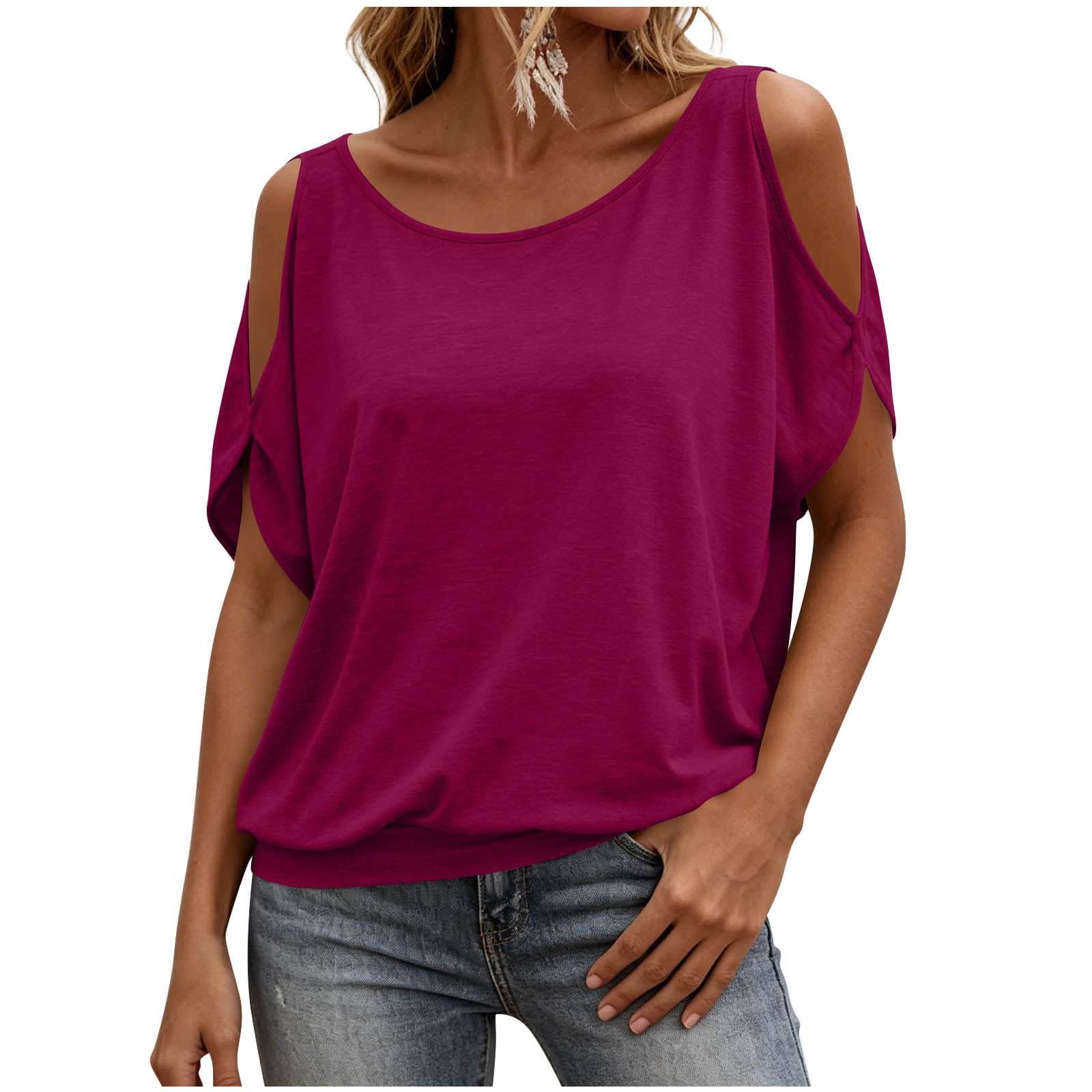 Cold Shoulder Tops for Women Summer Trendy Cutout Batwing Short Sleeve ...
