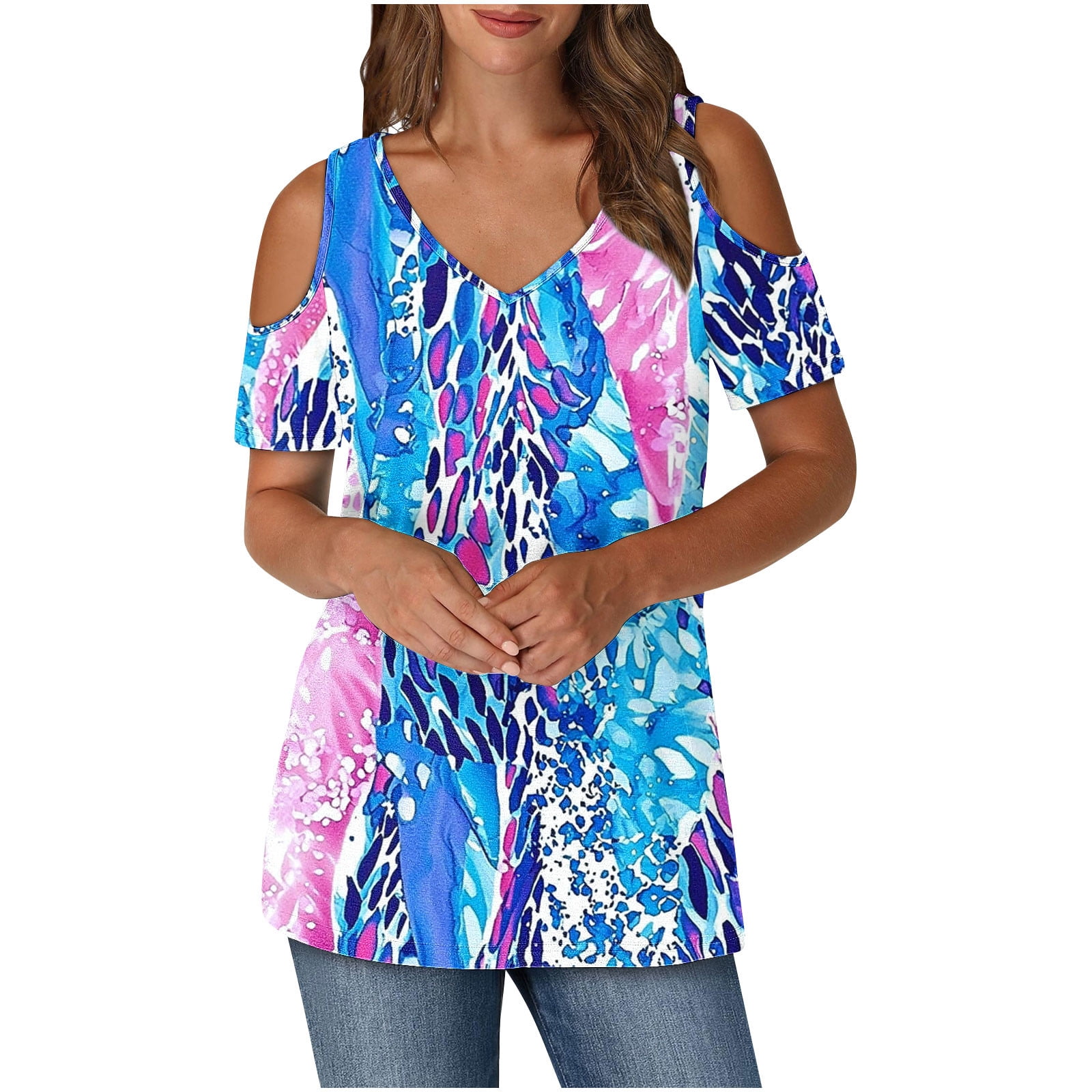 Cold Shoulder Tops for Women Summer Tunic Short Sleeve Cute V Neck ...