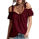 Cold Shoulder Tops for Women V Neck Ruffle Short Sleeve Causal Shirts ...