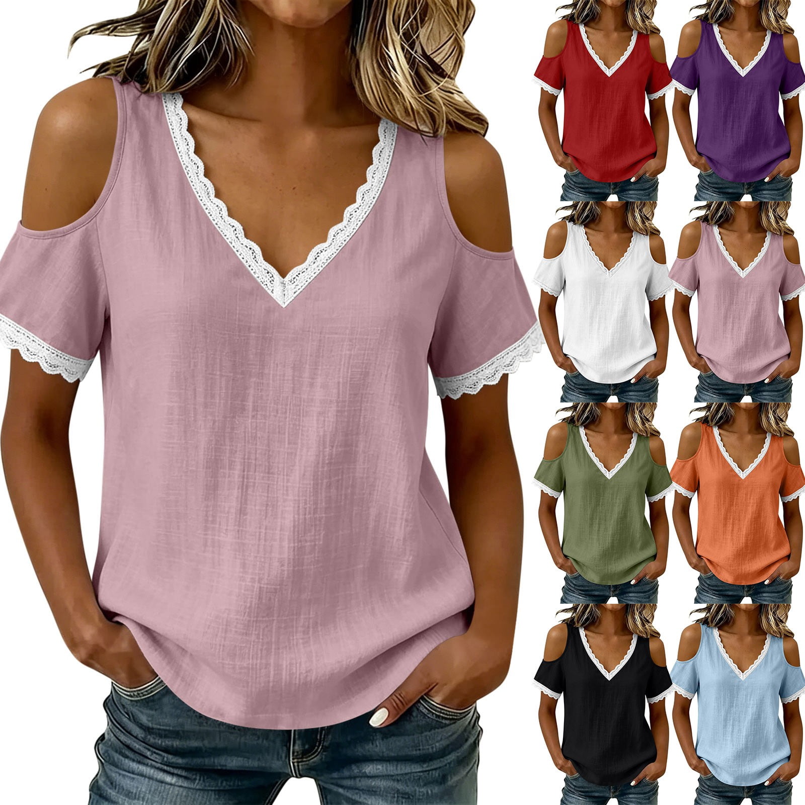 Cold Shoulder Tops for Women with Floral Lace Trim Short Sleeve V Neck ...
