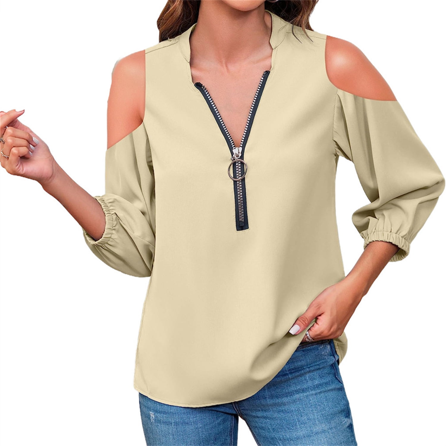Cold Shoulder Women Solid Color V-neck Zipper Blouse Off Shoulder ...