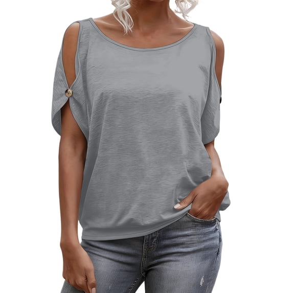 Cold Shoulder Women's Short Sleeve Blouse Button Decor Round Neck Solid ...
