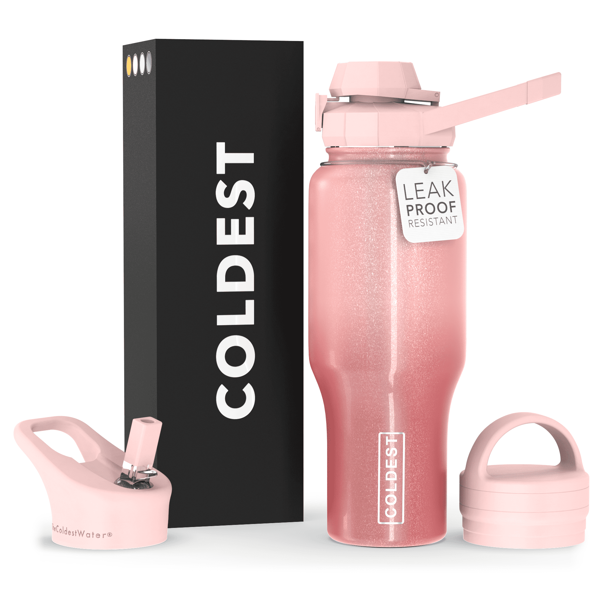 COLDEST Insulated Sports Water Bottle, 36 oz, Stainless Steel, 3 Lids ...