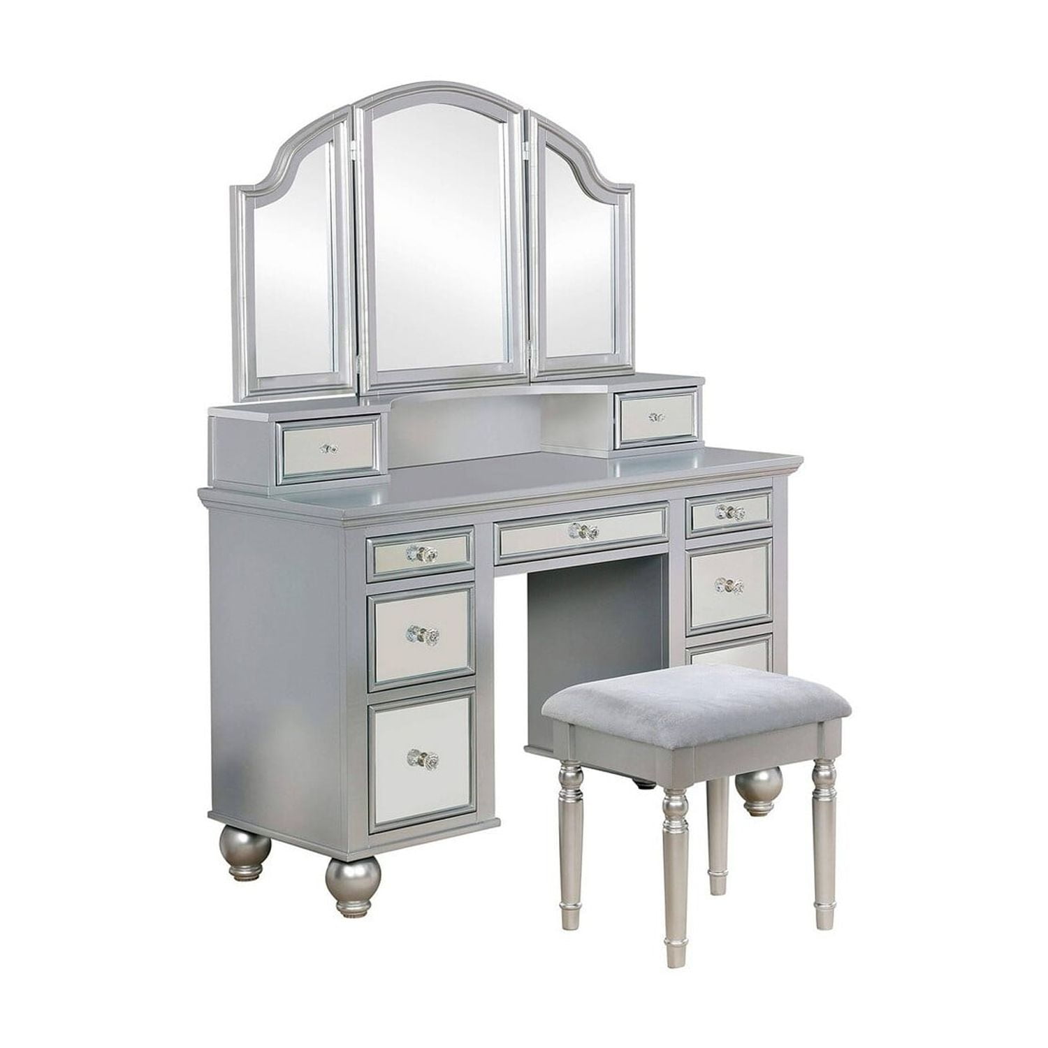 Cole 56 Inch Vanity Desk with Stool Storage Drawers Mirrors Silver Wood ...
