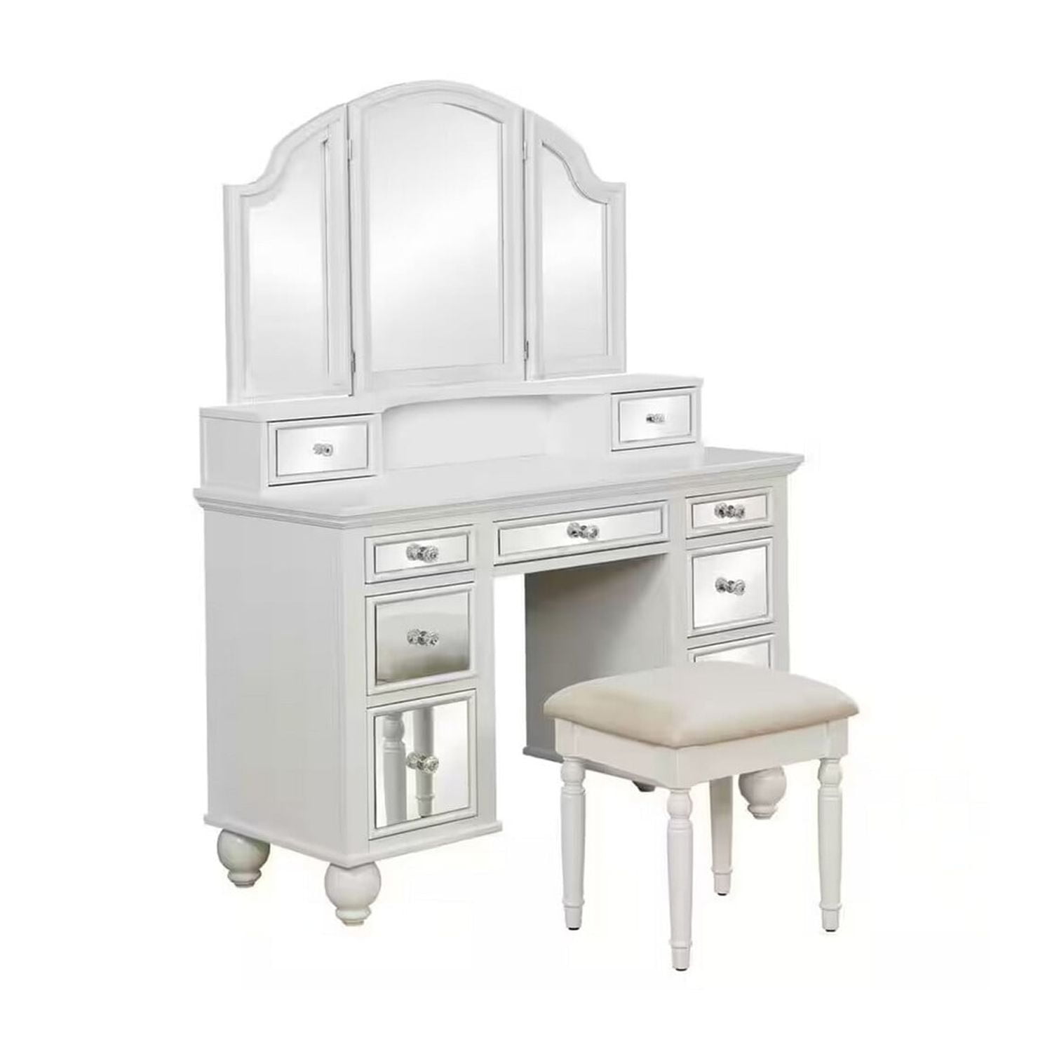 Cole 56 Inch Vanity Desk with Stool Storage Drawers Mirrors White Wood ...