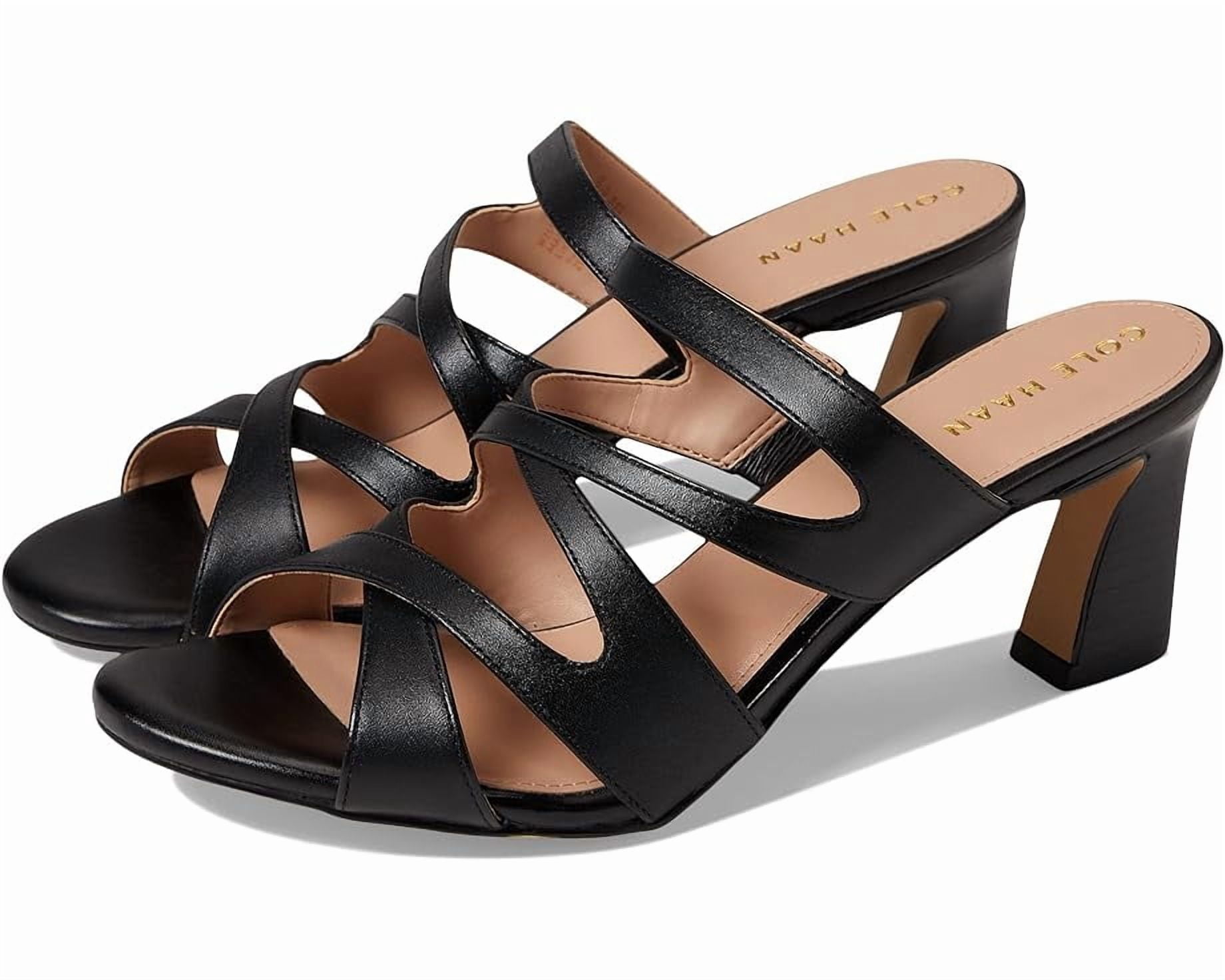Cole Haan Alyse Black Leather Round Open Toe Slip On Strappy Block ...