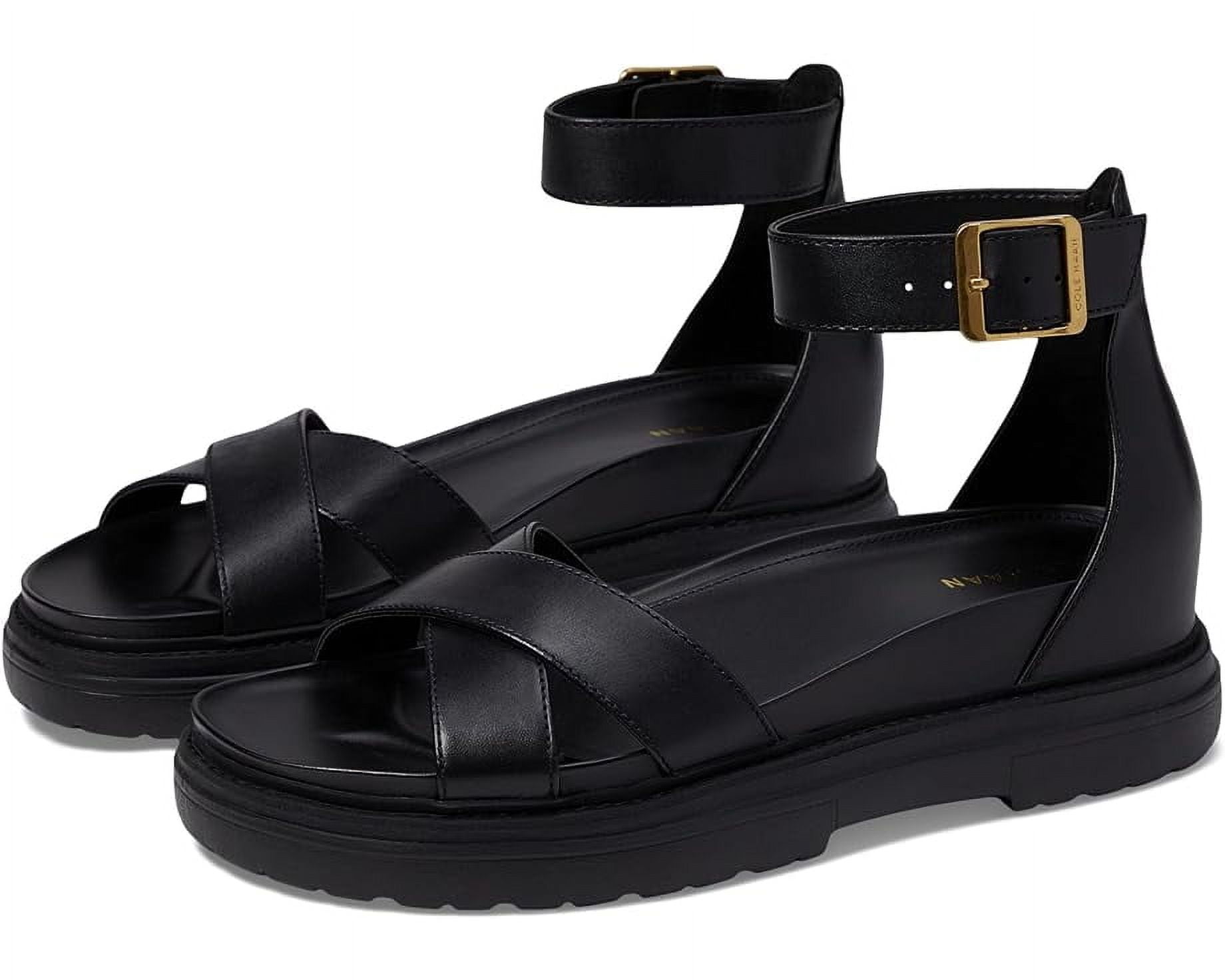 Cole Haan Fraya Black Leather Ankle Strap Open Rounded Toe Chunky Heel ...