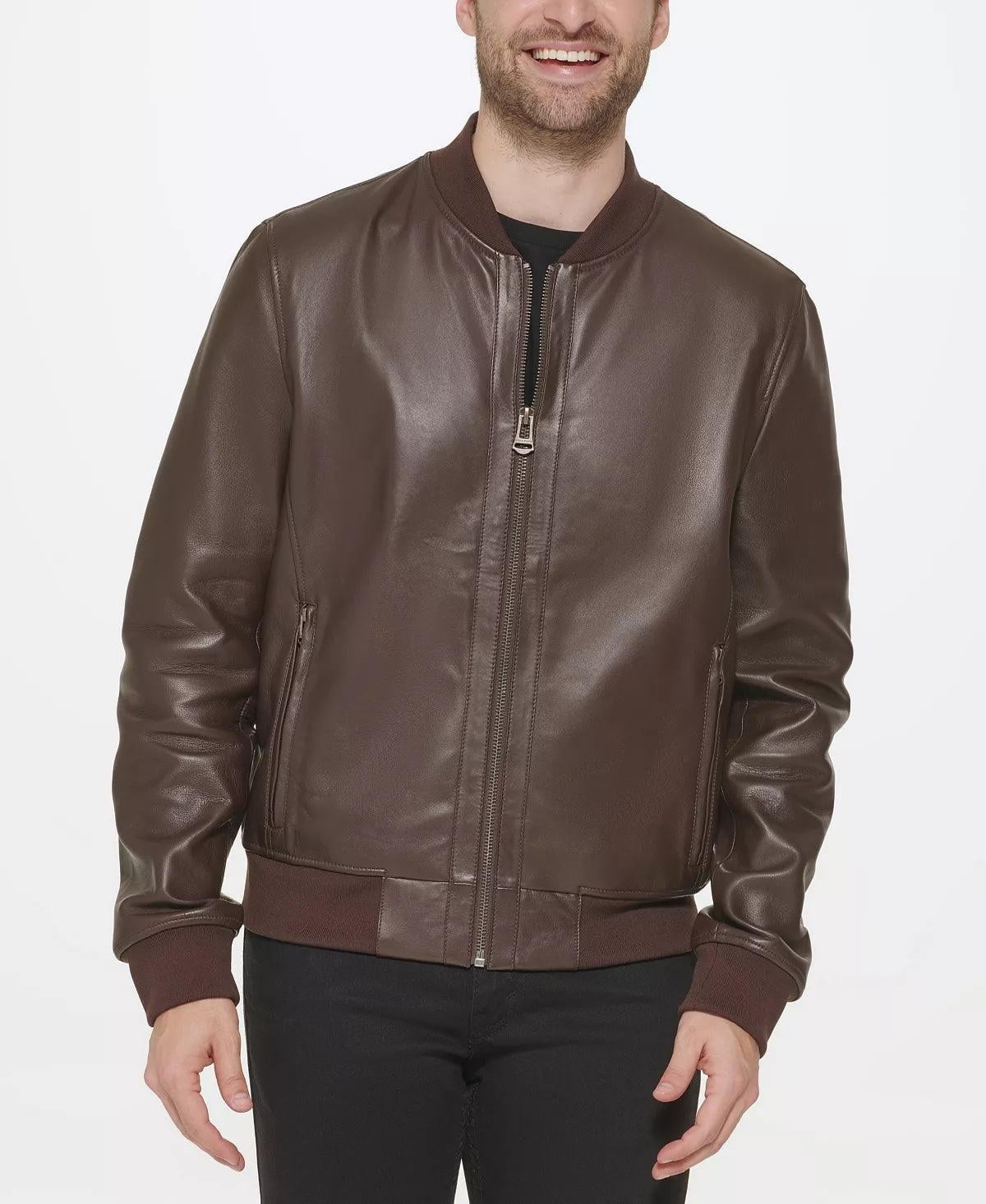 Cole Haan Men's Bonded Leather Varsity Jacket Small Java Brown ...