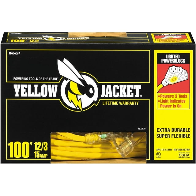Coleman Cable 12/3 100' Sjtw (3 outlet) Yellow Jacket Lighted End ...