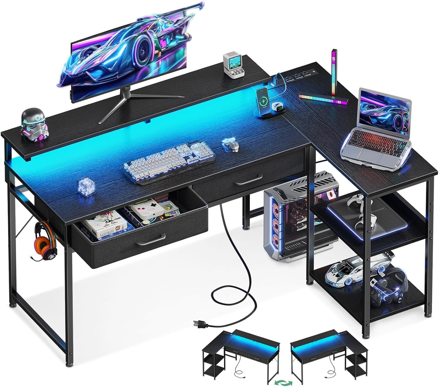 Coleshome 48 Inch L Shaped Gaming Desk with 2 Drawers & Storage Shelves ...
