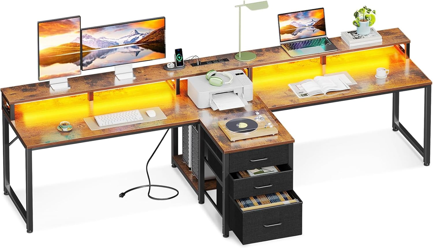Coleshome 94" Computer Desk with Fabric Drawer & File Cabinet- 2 Person ...