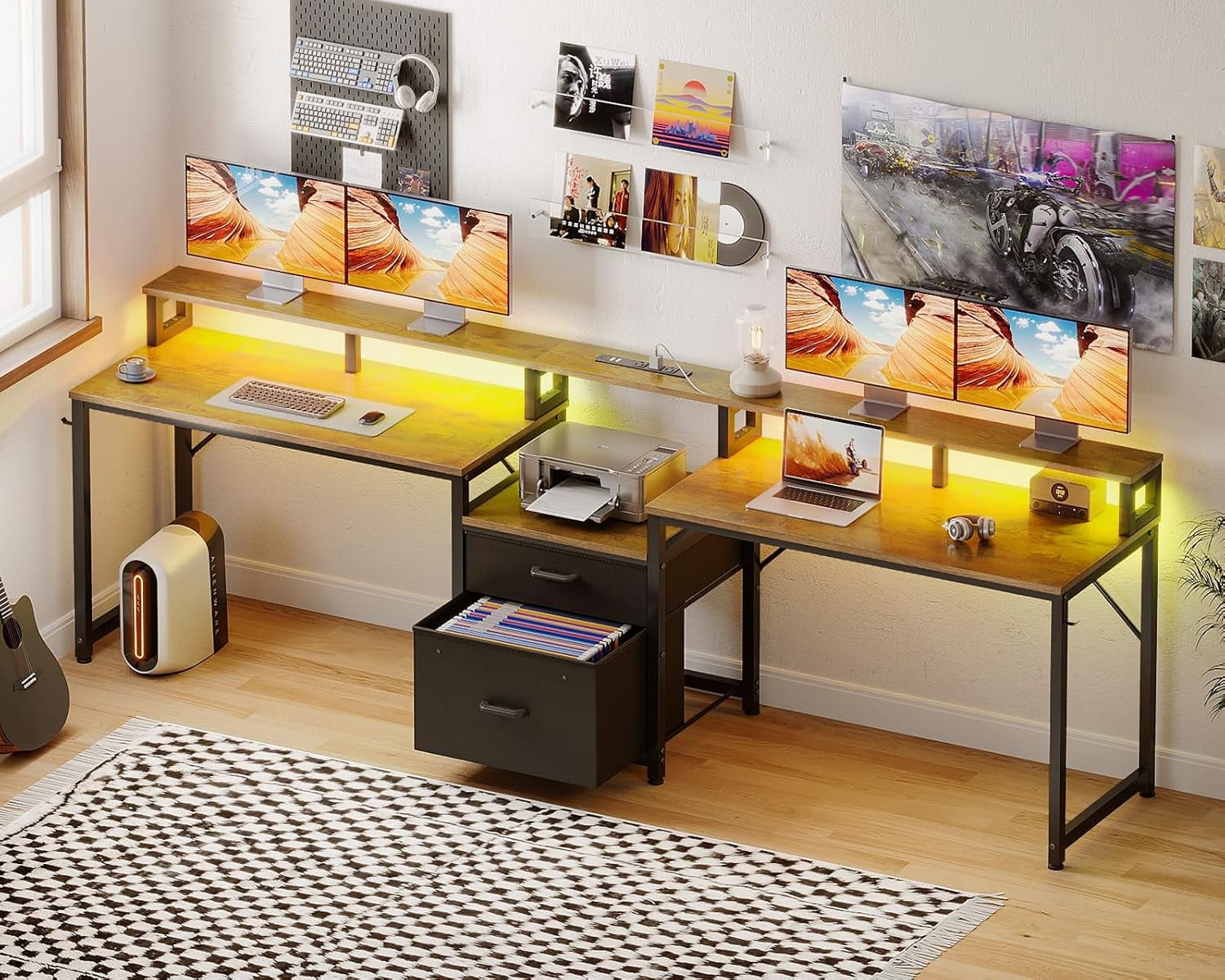 Coleshome 98 Inch 2 Person Gaming Computer Desk with Fabric Drawer ...