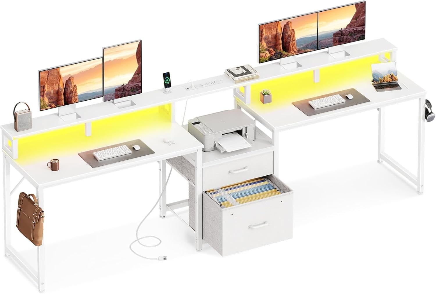 Coleshome 98 Inch 2 Person Gaming Computer Desk with Fabric Drawer ...