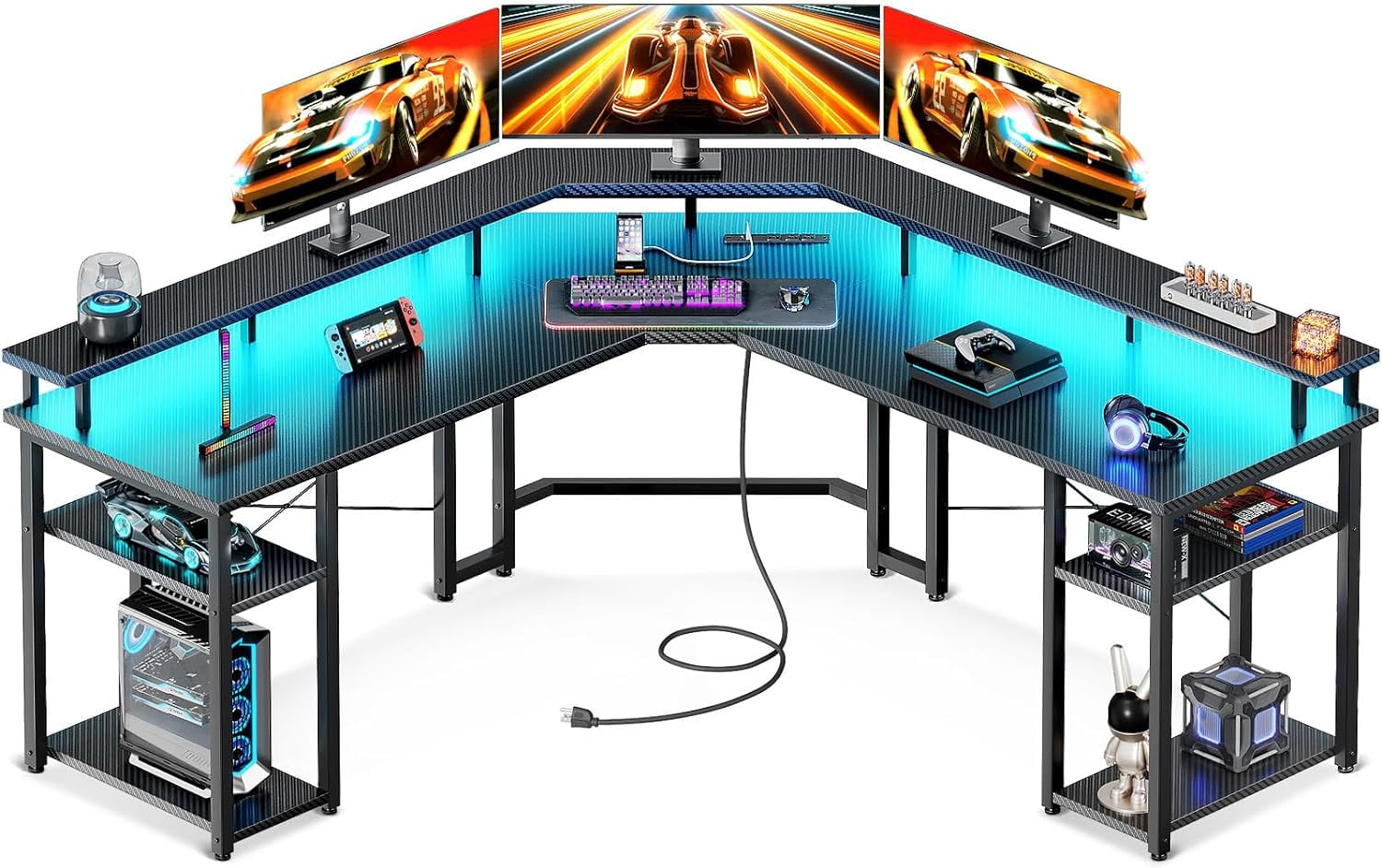 Coleshome L Shaped Gaming Desk with LED Lights & Power Outlets ...