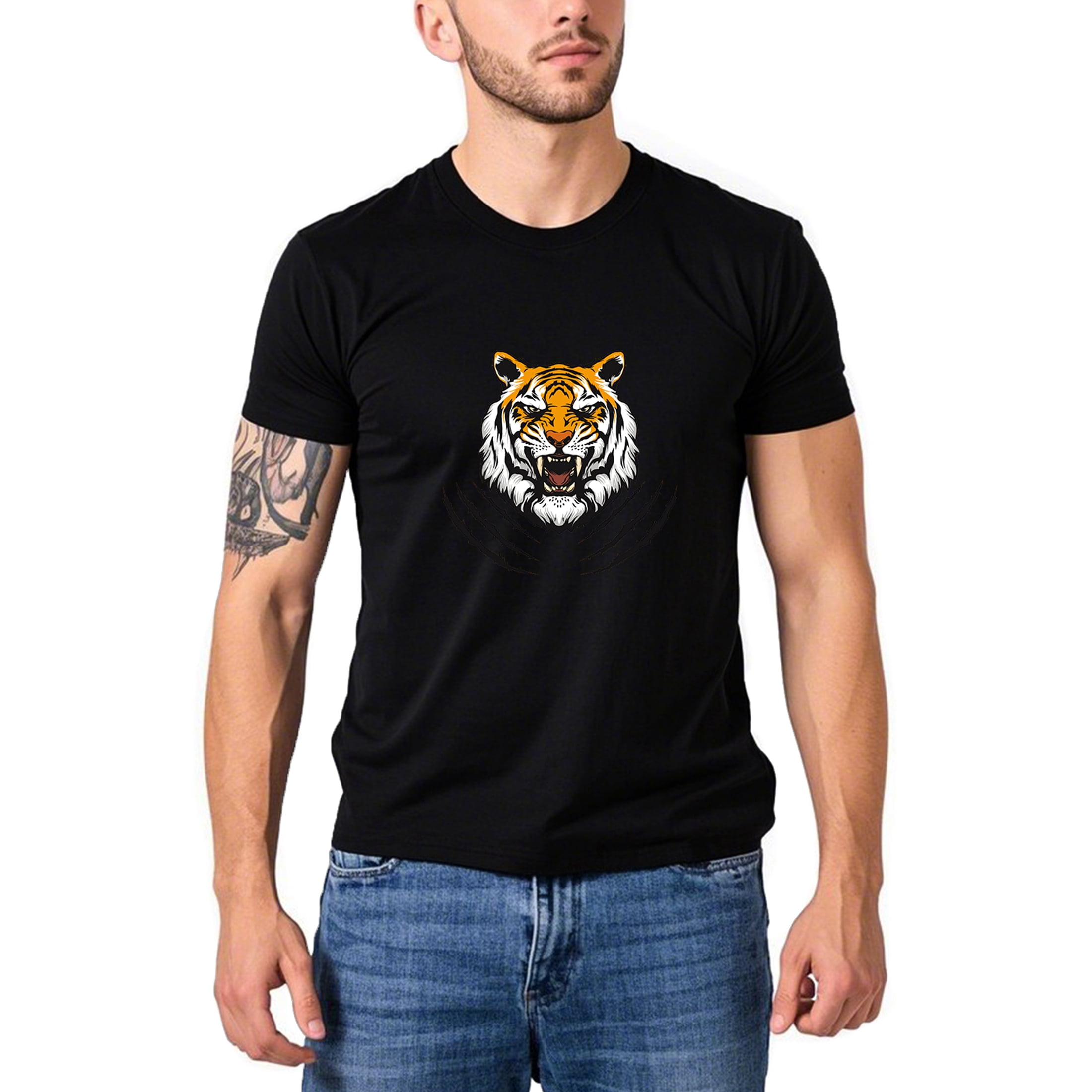 Colevkie Men's Tiger Pattern Short Sleeves Round Neck Regular Fit ...
