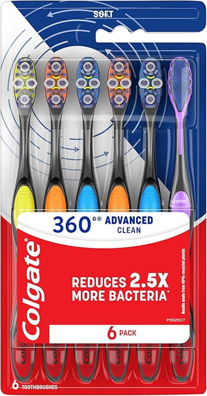 Colgate 360 Advanced Clean Adult Soft Toothbrush Pack, 6 Soft Bristled ...