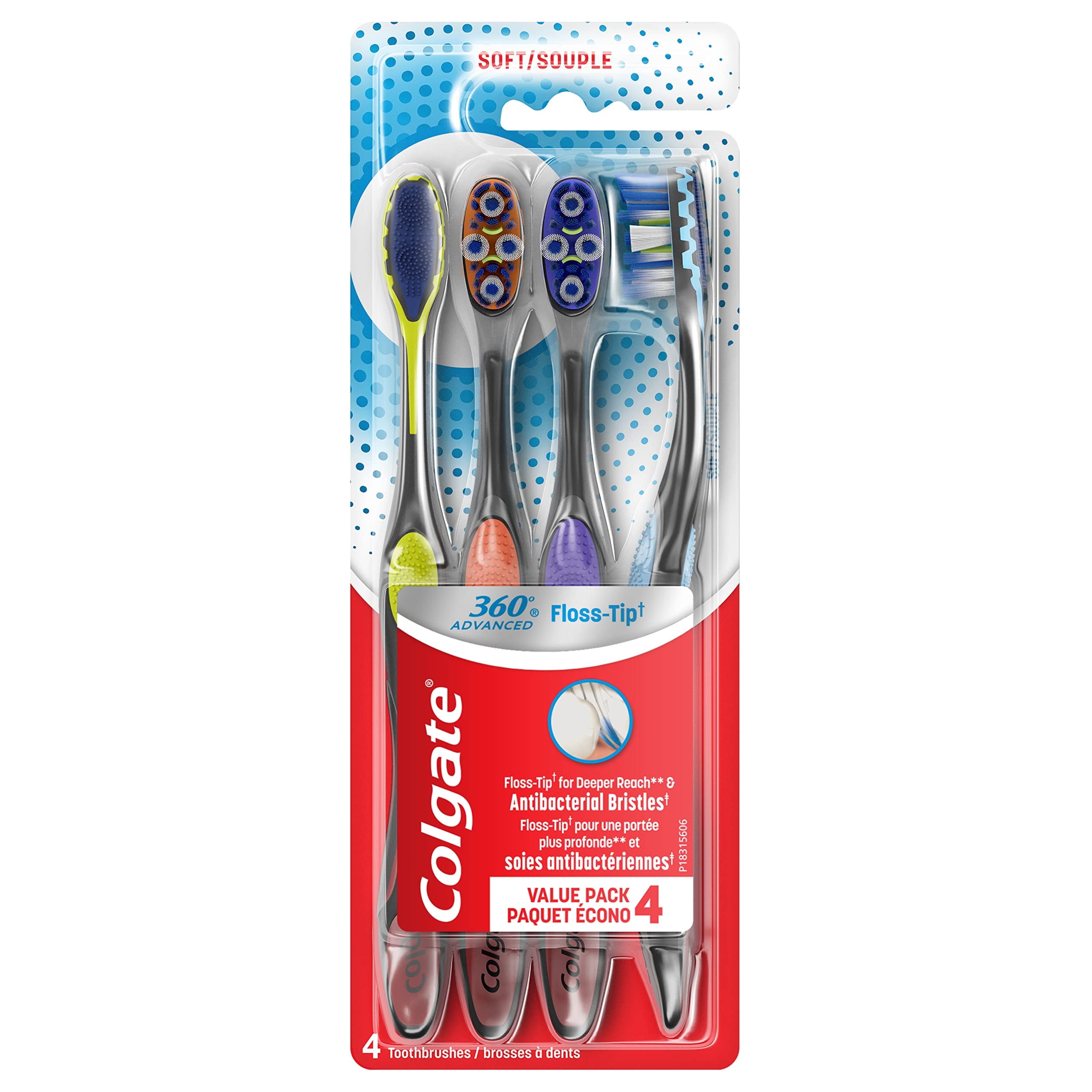 Colgate 360 Advanced Floss-Tip Soft Toothbrush, Deep Clean Bristles, 4 ...