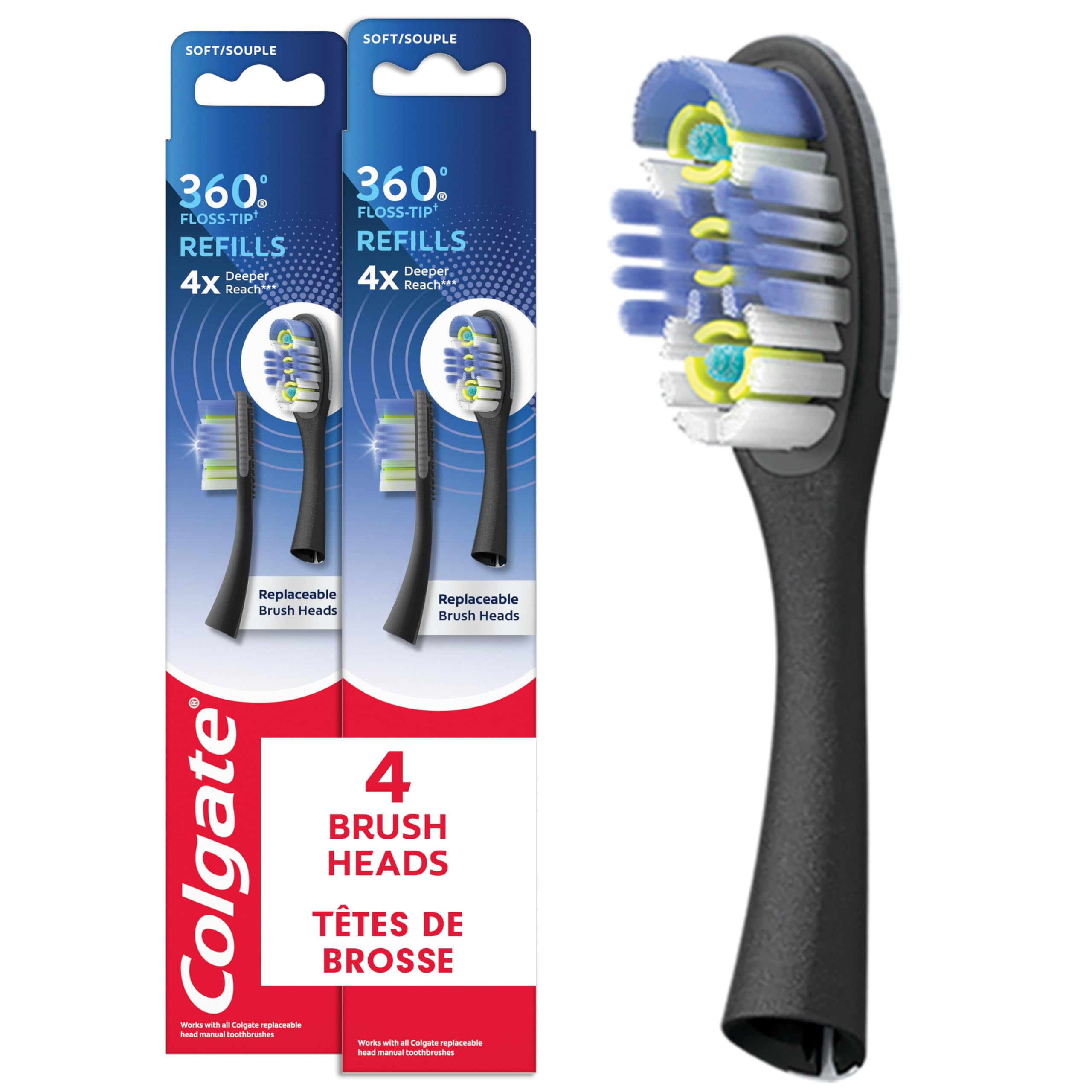 Colgate 360 Floss-Tip Replaceable MMF7 Toothbrush Head Refills, Deep ...