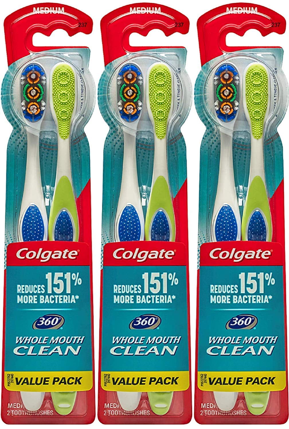 Colgate 360 Medium Toothbrush with Tongue and Cheek Cleaner, 6 Count ...