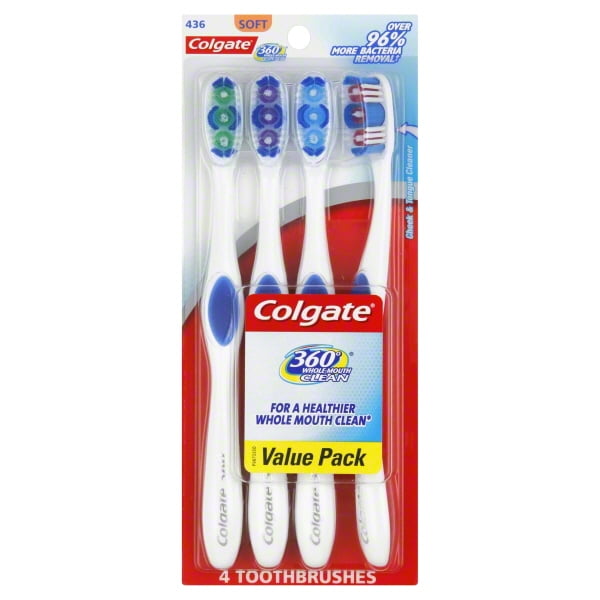 Colgate 360Â° Toothbrush with Tongue and Cheek Cleaner, Soft - 4 Count ...