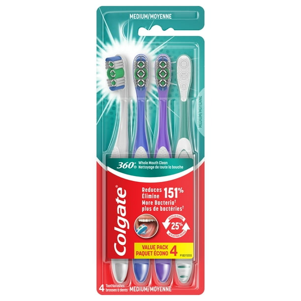 Colgate 360 Whole Mouth Clean Medium Toothbrush, Adult Toothbrush, 4 ...